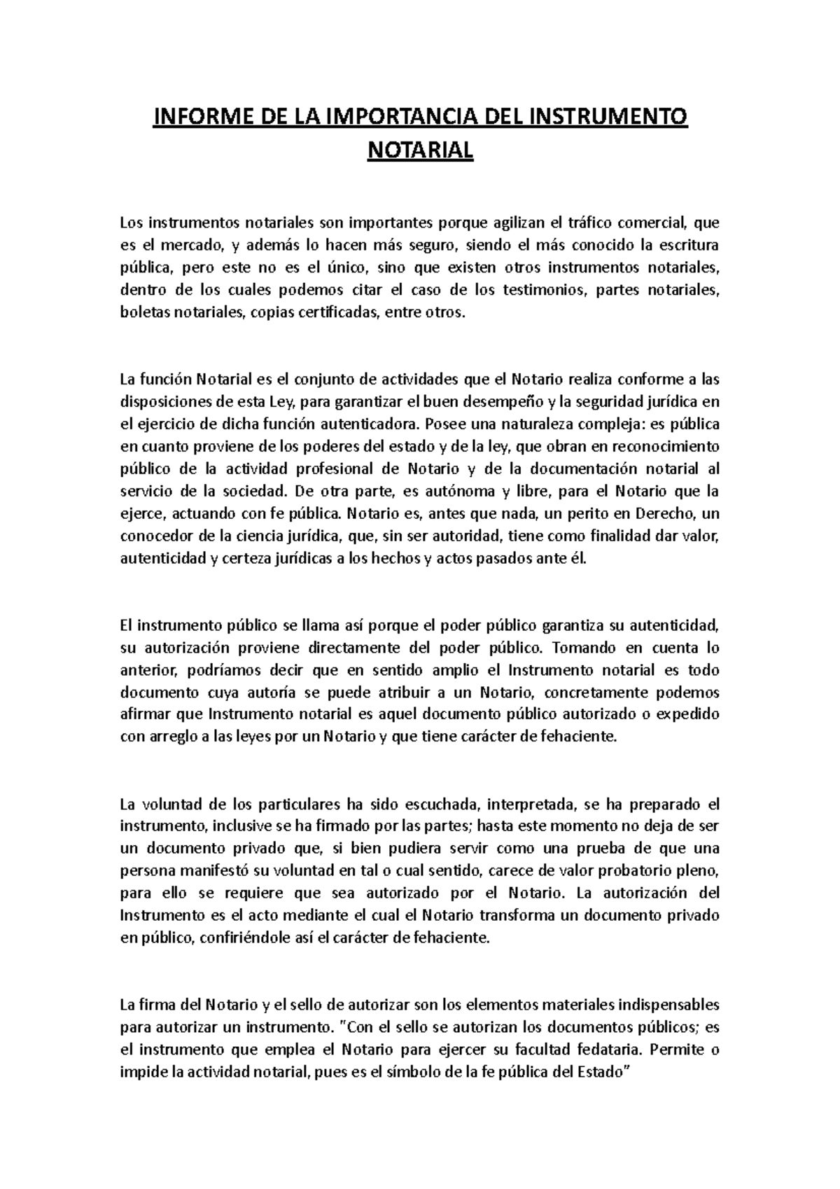 Informe DE LA Importancia DEL Instrumento Notarial - INFORME DE LA ...