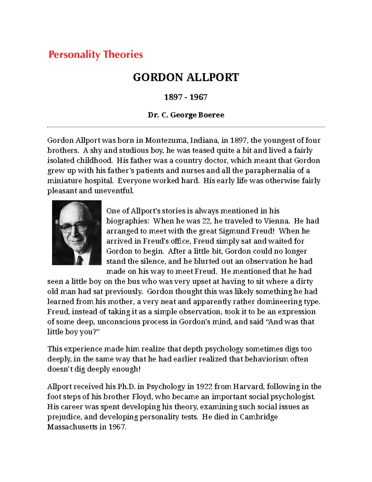 Allport - GORDON ALLPORT 1897 - 1967 Dr. C. George Boeree Gordon ...