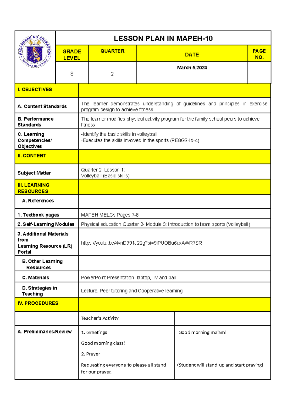 LP-4AS-PM final - None - LESSON PLAN IN MAPEH- GRADE LEVEL QUARTER DATE PAGE NO. 8 2 March 5, I ...
