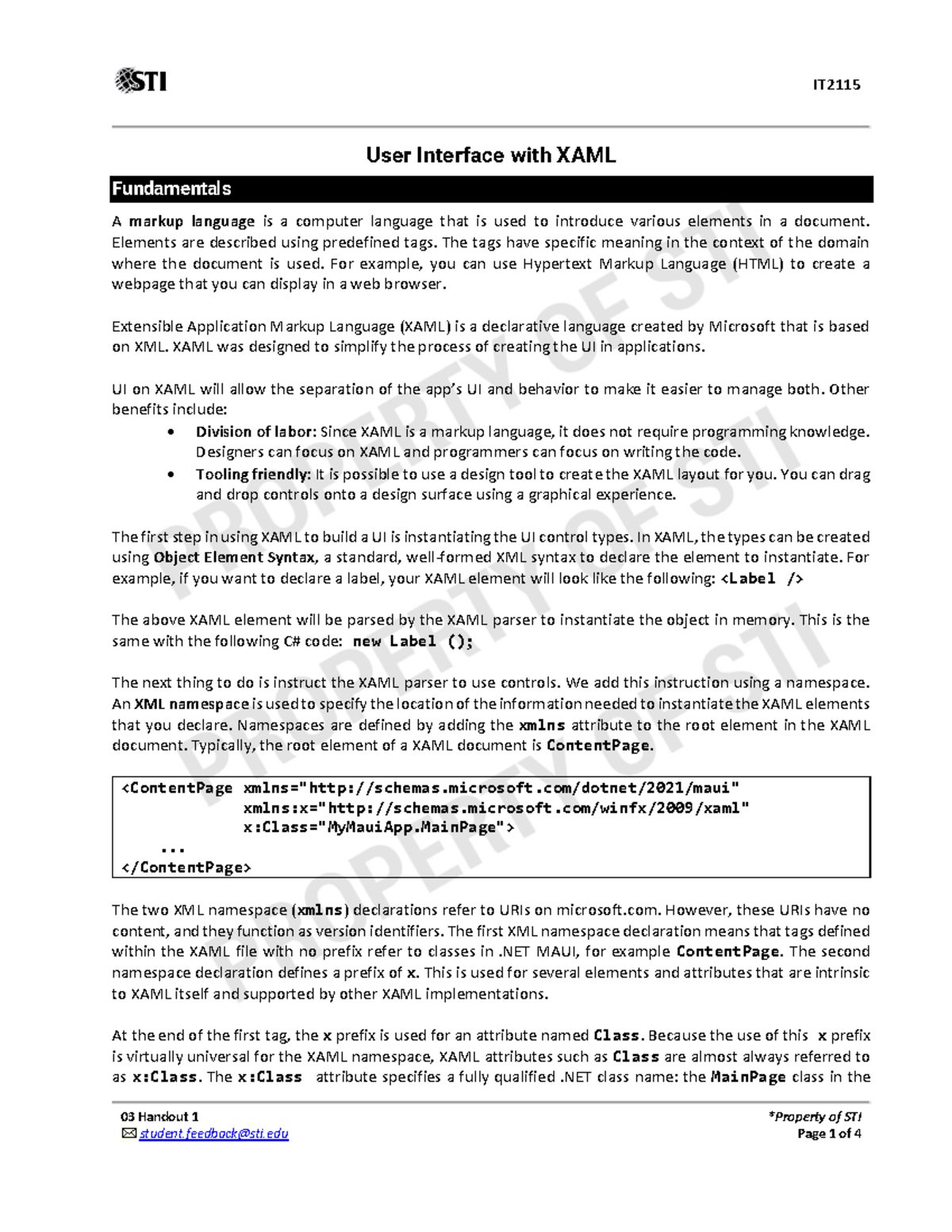 03 Handout 1(96) - 03 Handout 1 *Property of STI User Interface with XAML Fundamentals A markup ...
