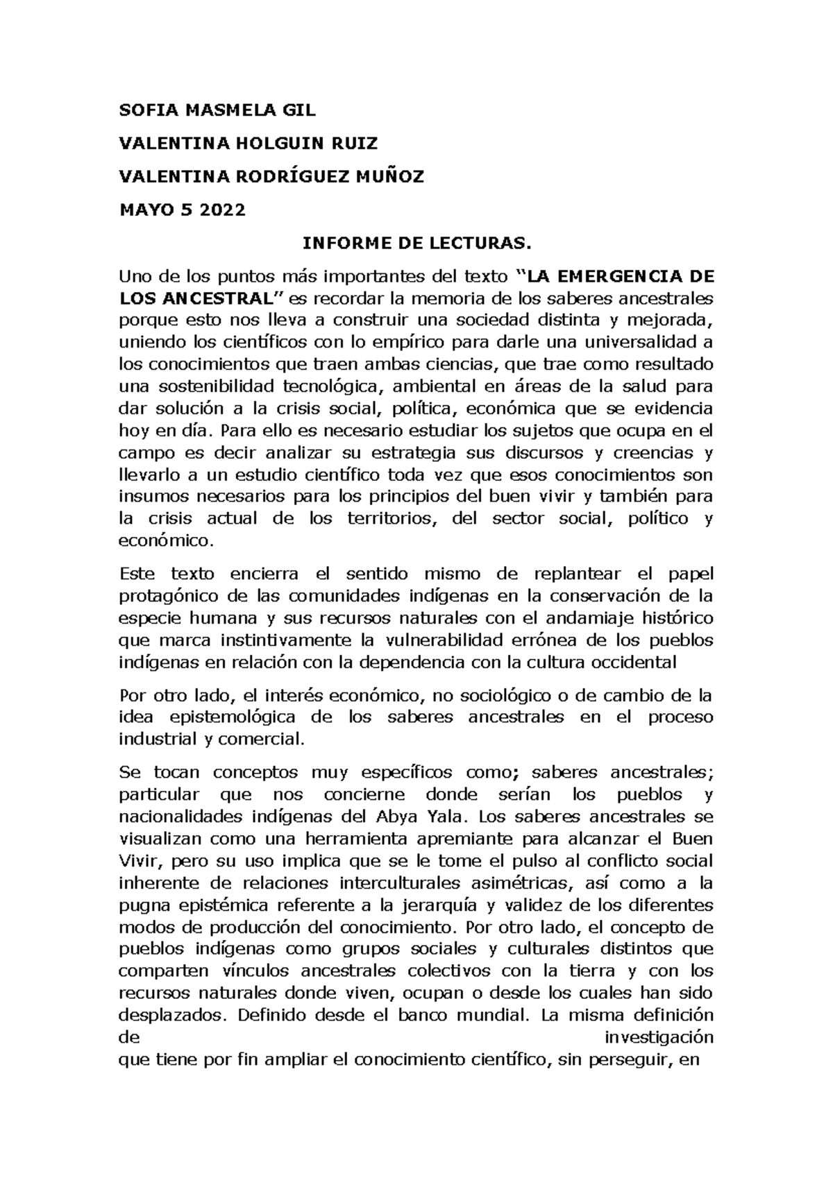 Informe DE Lecturas - jjjj - SOFIA MASMELA GIL VALENTINA HOLGUIN RUIZ VALENTINA RODRÍGUEZ MUÑOZ ...