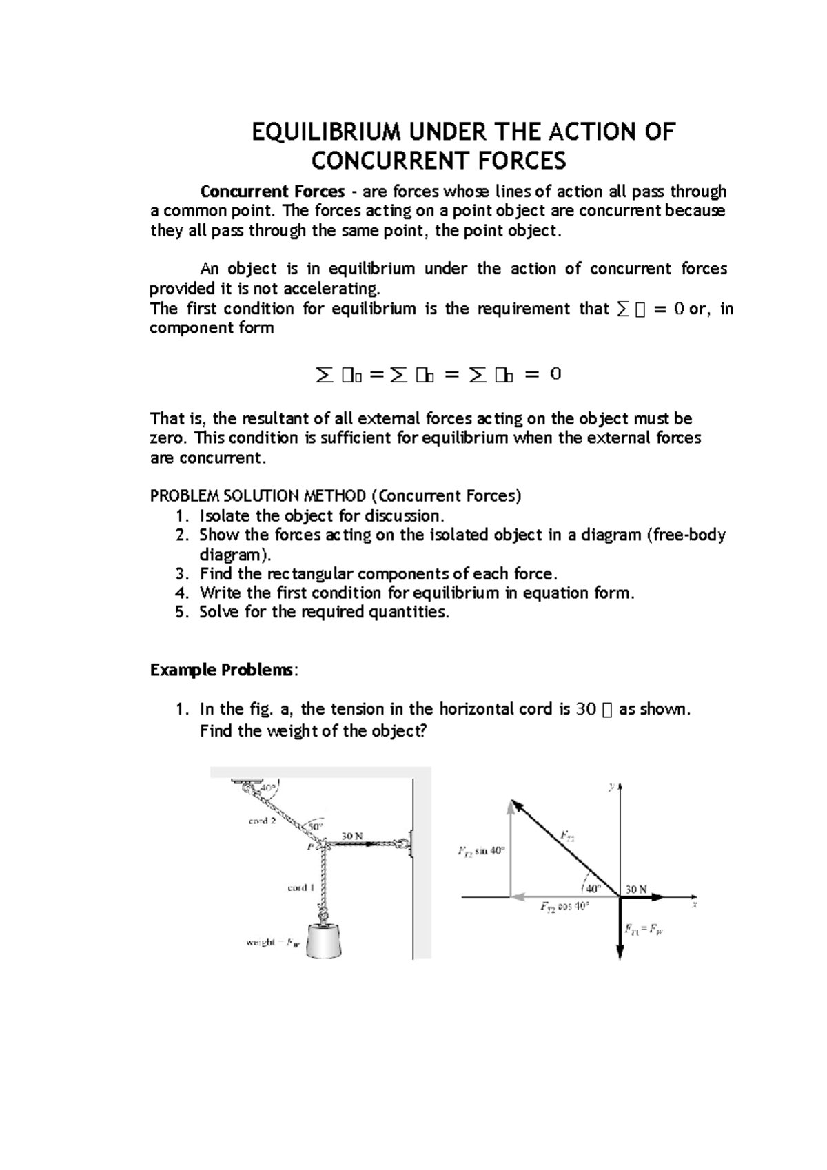 Equilibrium Under THE Action OF Concurrent Forces - EQUILIBRIUM UNDER THE ACTION OF CONCURRENT ...