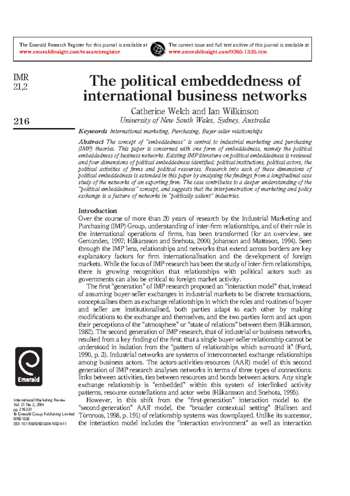 Context Welch Wilkinson(2004 ) - The political embeddedness of ...