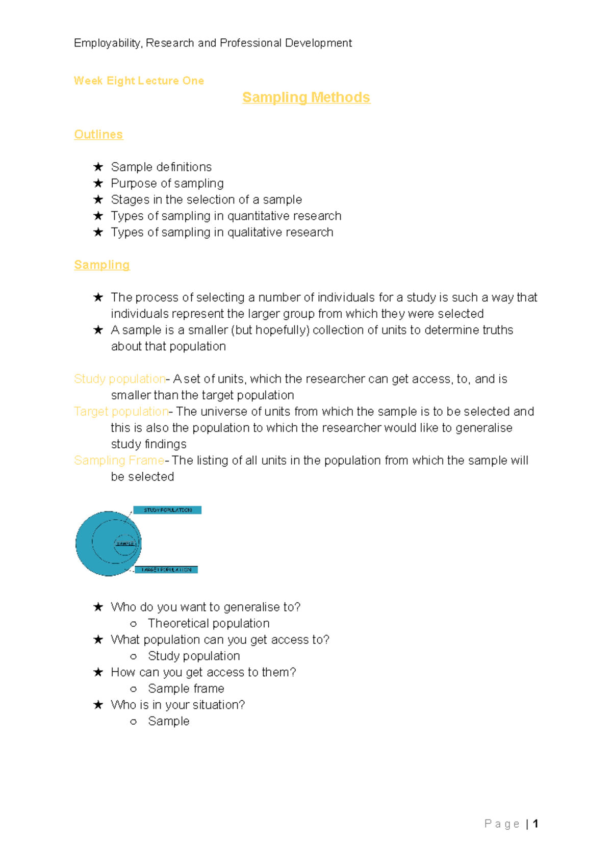 ERPD Lecture Notes- P - ERPD - Week Eight Lecture One Sampling Methods ...