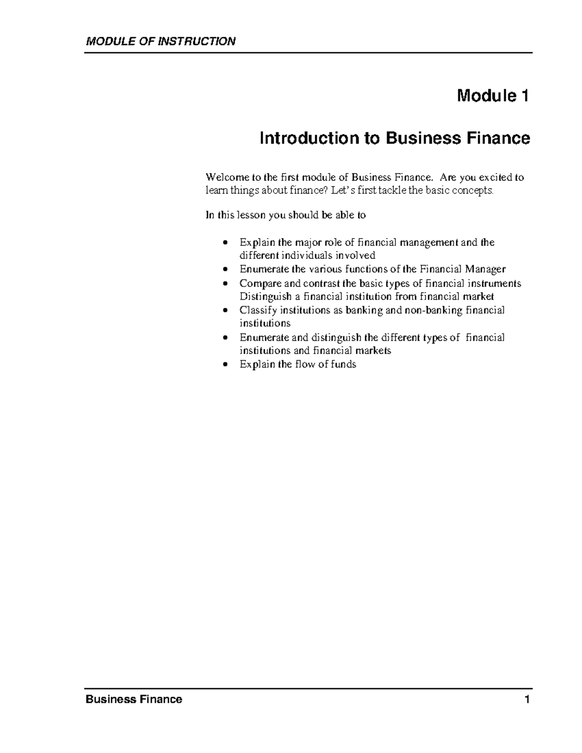 Introduction to Business Finance - MODULE OF INSTRUCTION Business ...