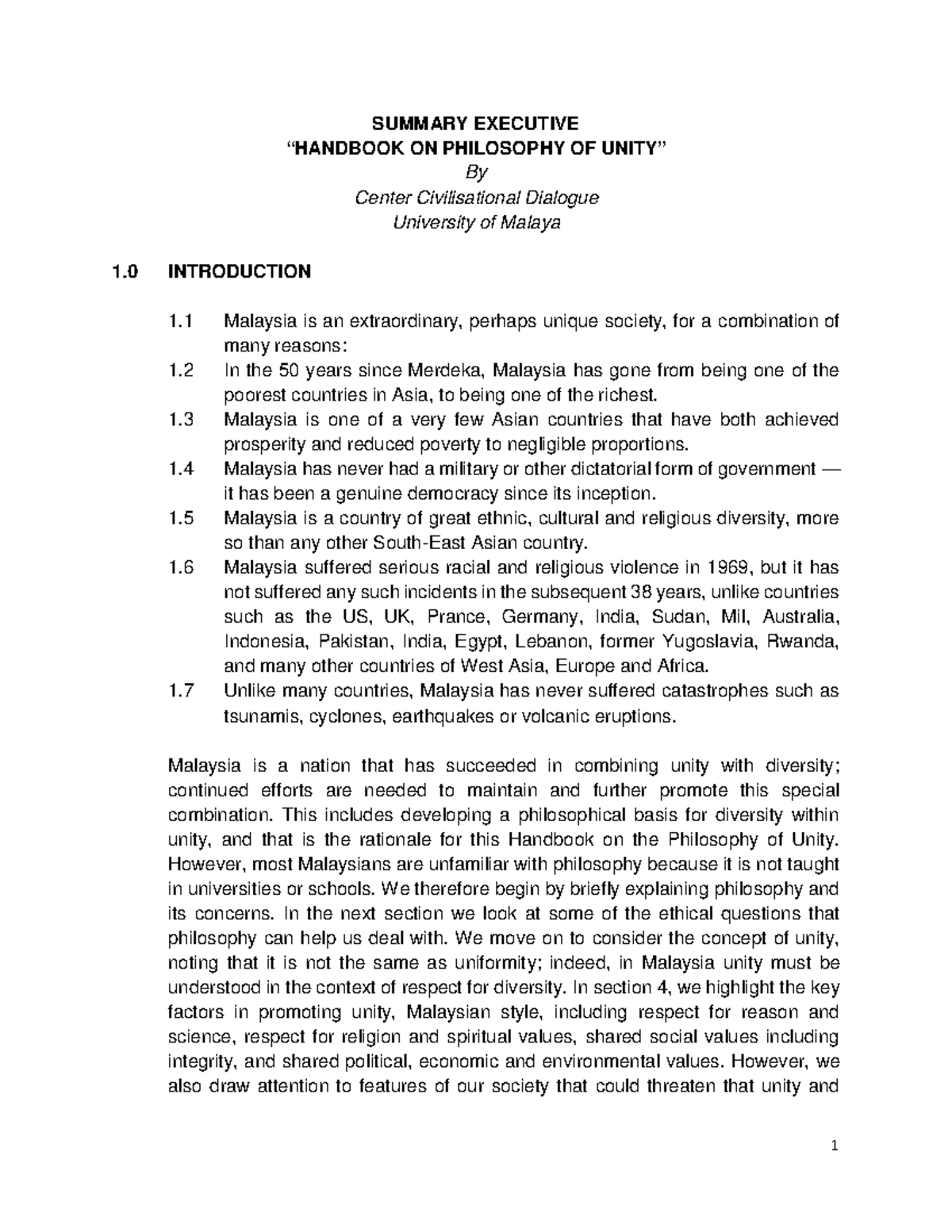 Handbook ON Philosophy OF Unity - SUMMARY EXECUTIVE