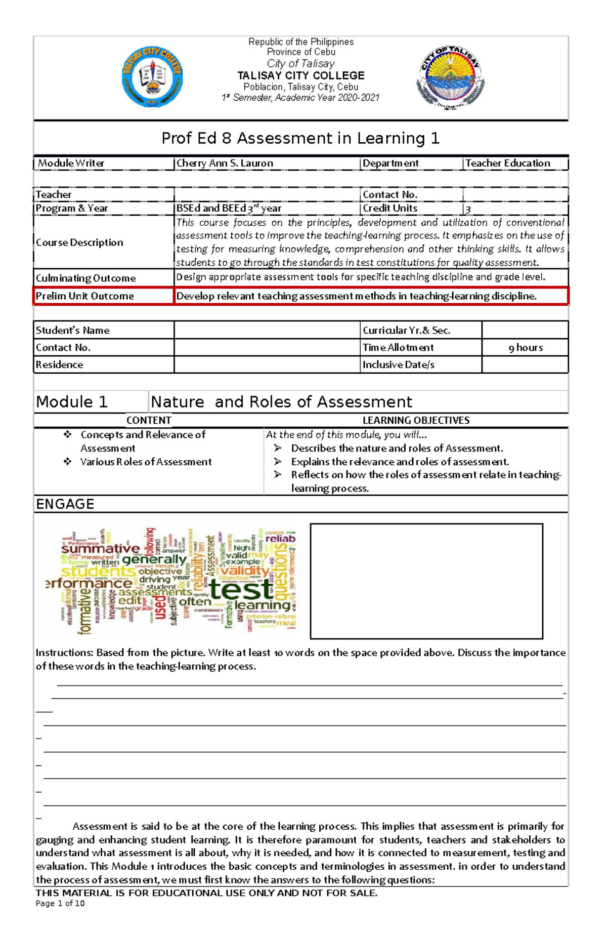 Module 1 PROF ED 8 Assessment IN Learning 1 - Republic of the ...