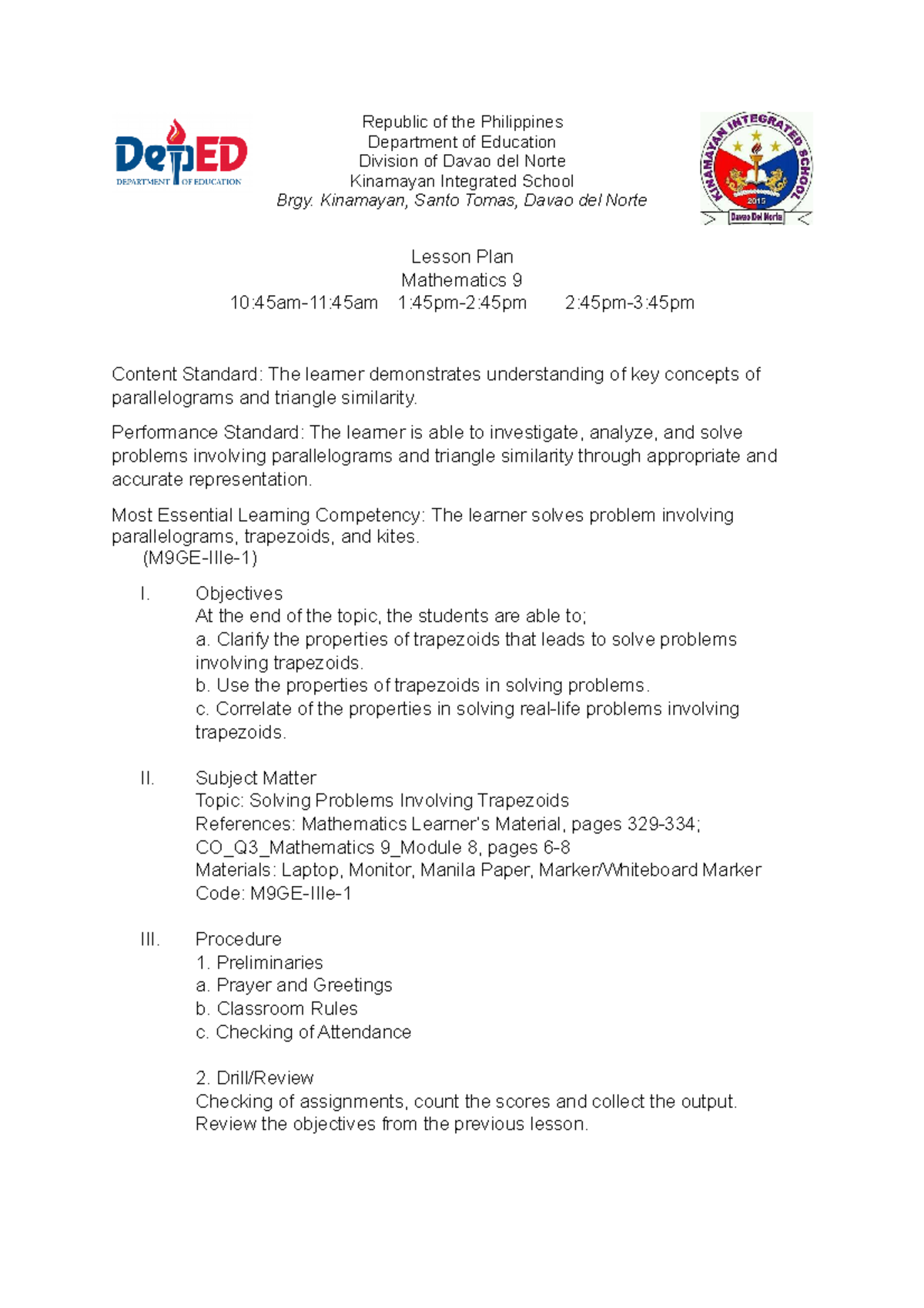 Lesson Plan 2- Trapezoid - Republic of the Philippines Department of ...
