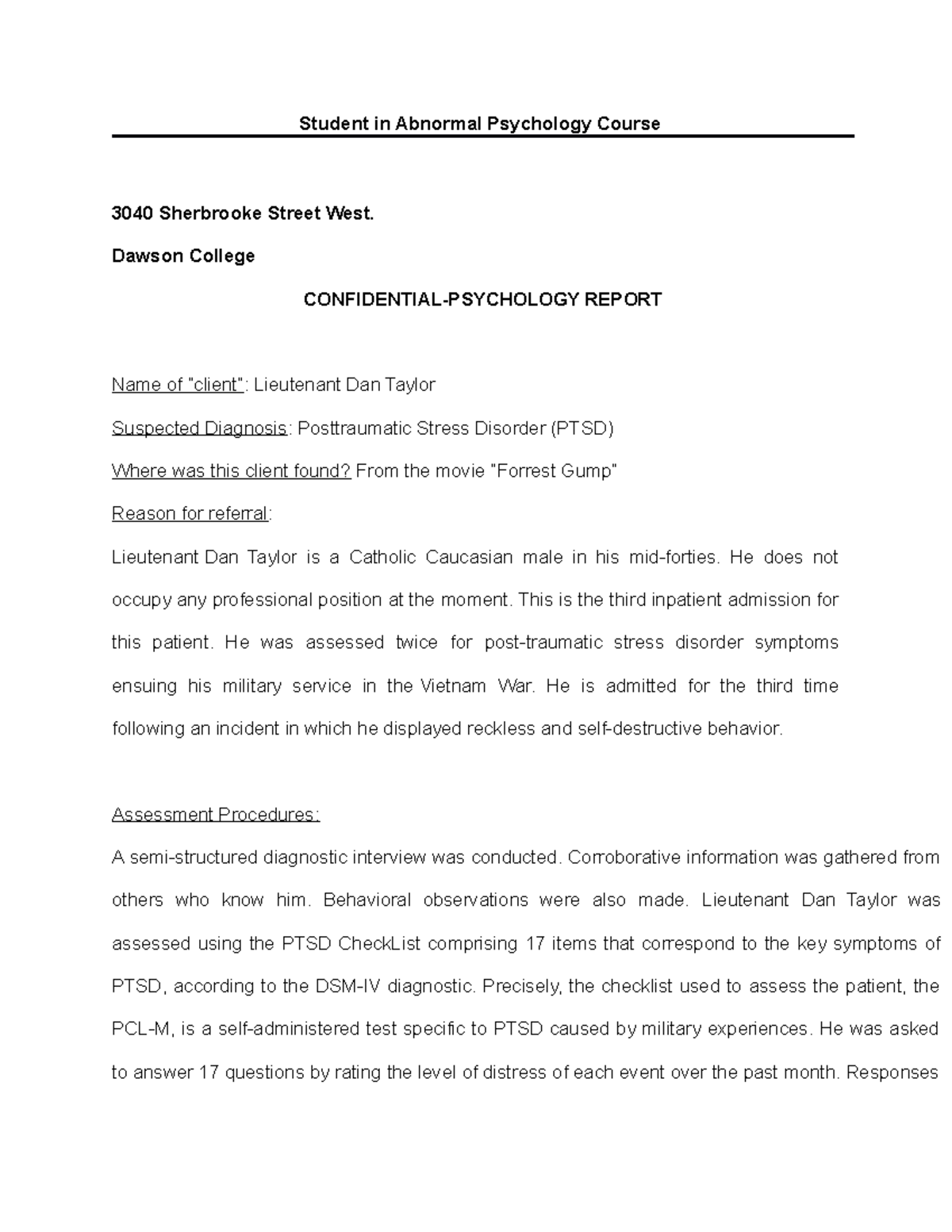 Psychological report - PTSD - Student in Abnormal Psychology Course ...