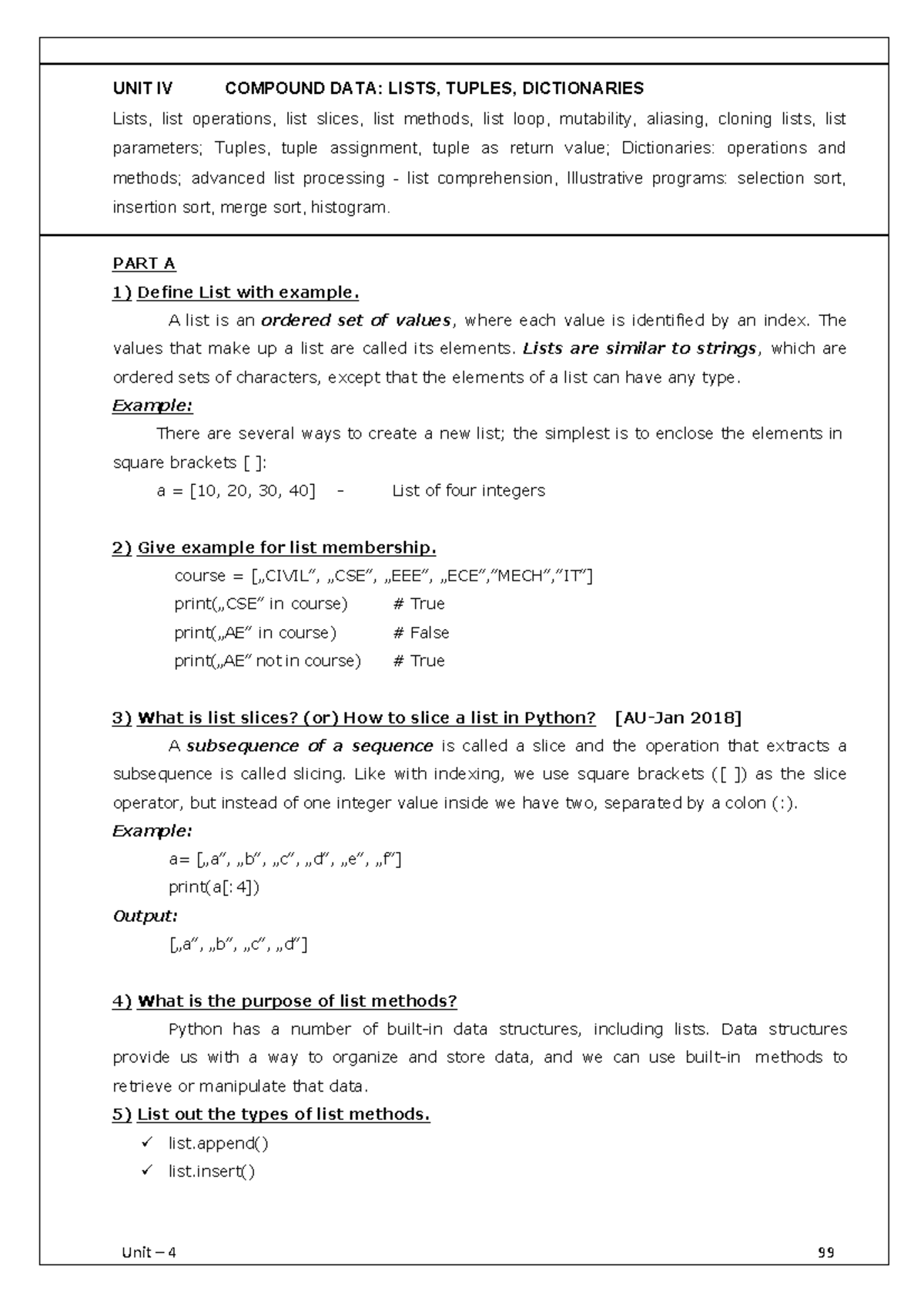 Pp4q - python - UNIT IV COMPOUND DATA: LISTS, TUPLES, DICTIONARIES Lists, list operations, list ...