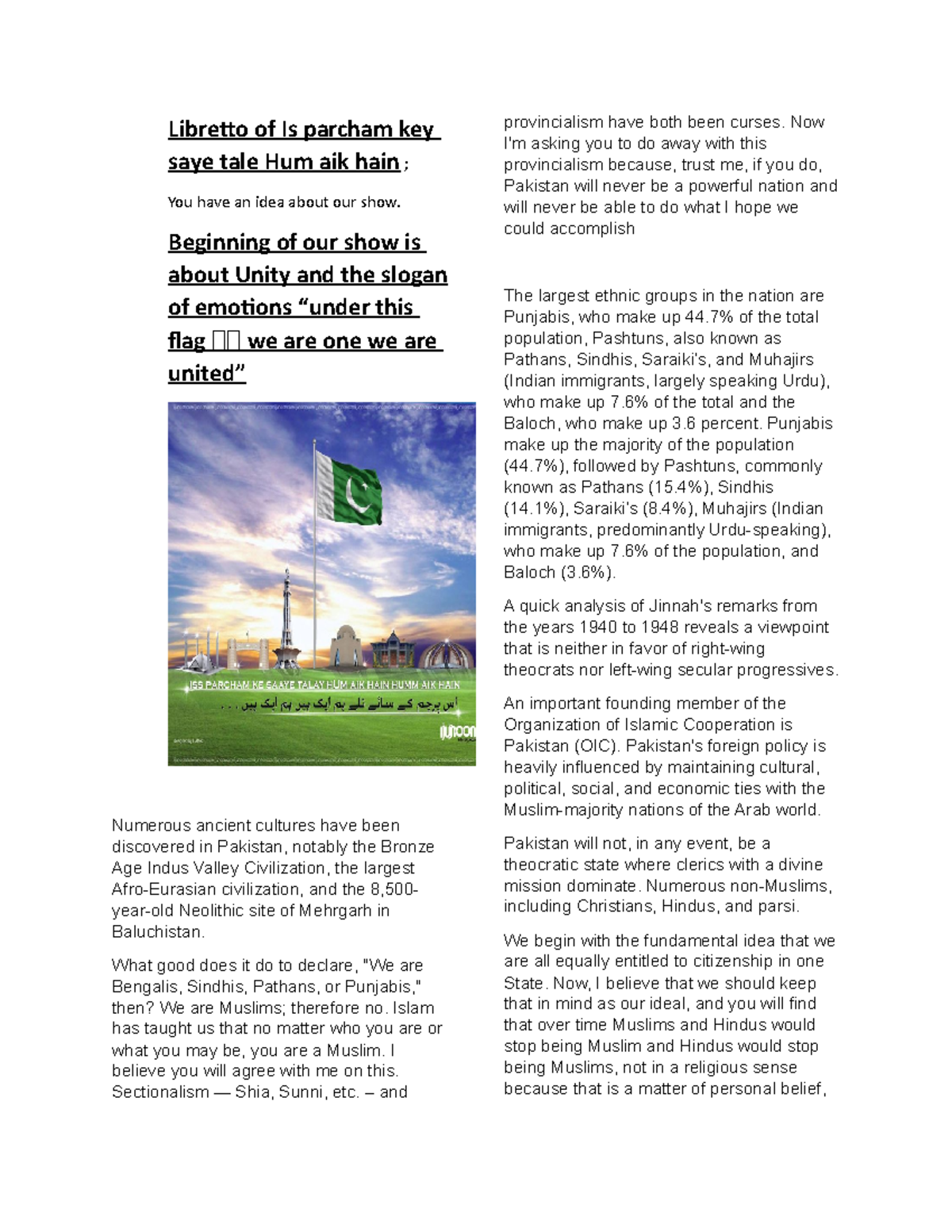 Libretto - script - Libretto of Is parcham key saye tale Hum aik hain ...
