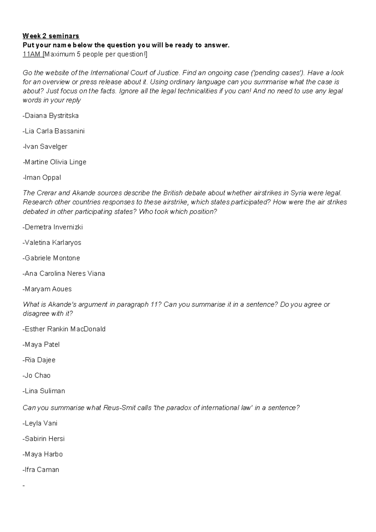 Week 2 Seminar Activity - Week 2 seminars Put your name below the ...