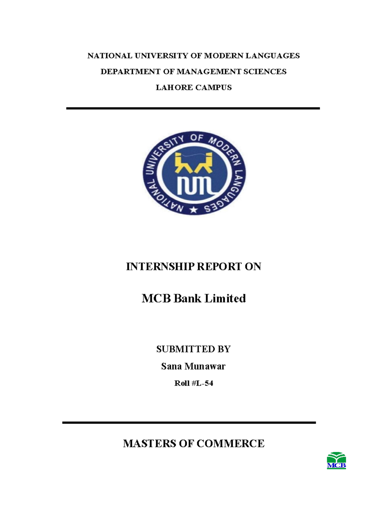 MCB - internship report - NATIONAL UNIVERSITY OF MODERN LANGUAGES ...
