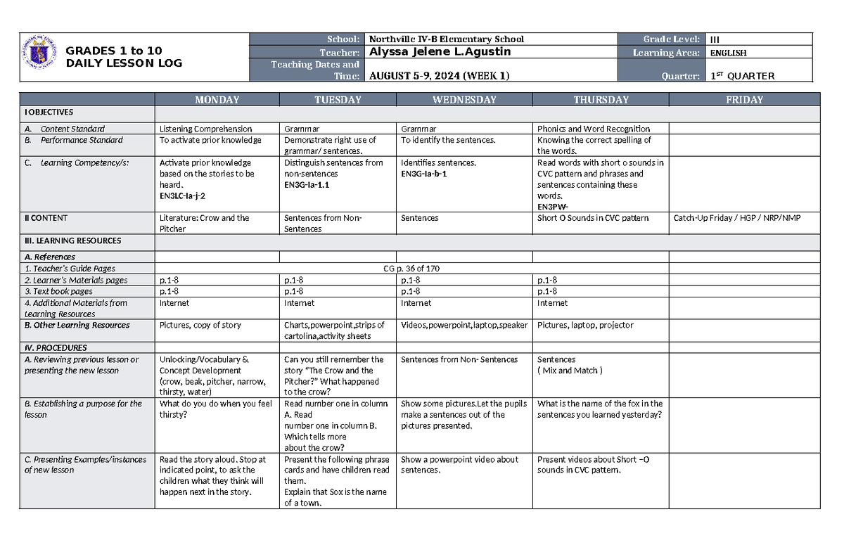 DLL English 3 Q1 W1 - GRADES 1 to 10 DAILY LESSON LOG School ...