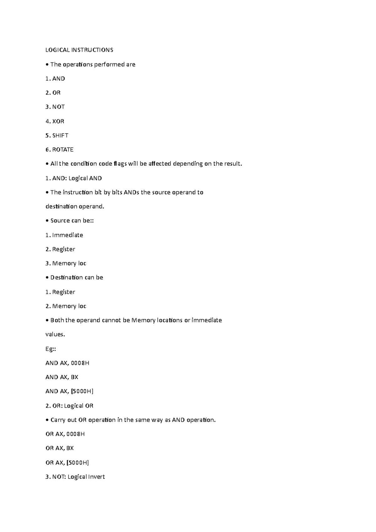 Logical Instructions IN 8086 - LOGICAL INSTRUCTIONS The operations ...