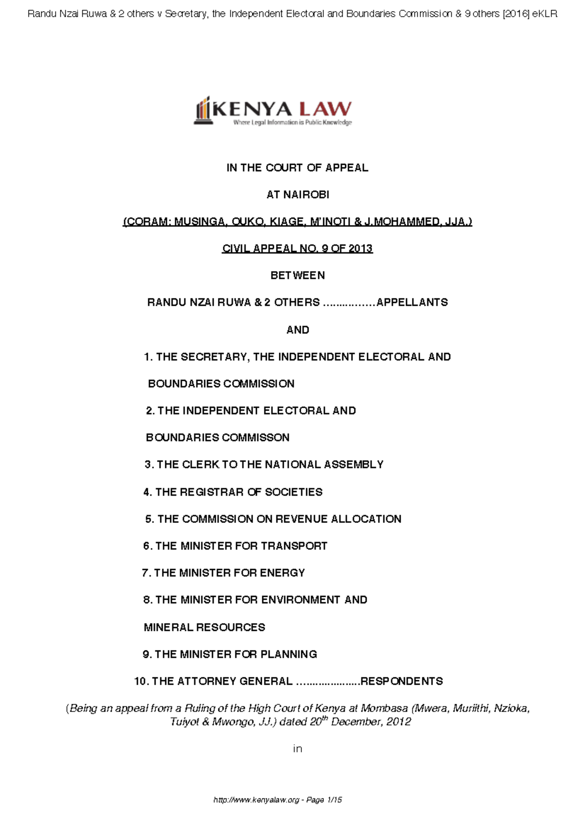 Randu Nzai Ruwa v AG Civil Appeal 9 of 2013 - IN THE COURT OF APPEAL AT ...