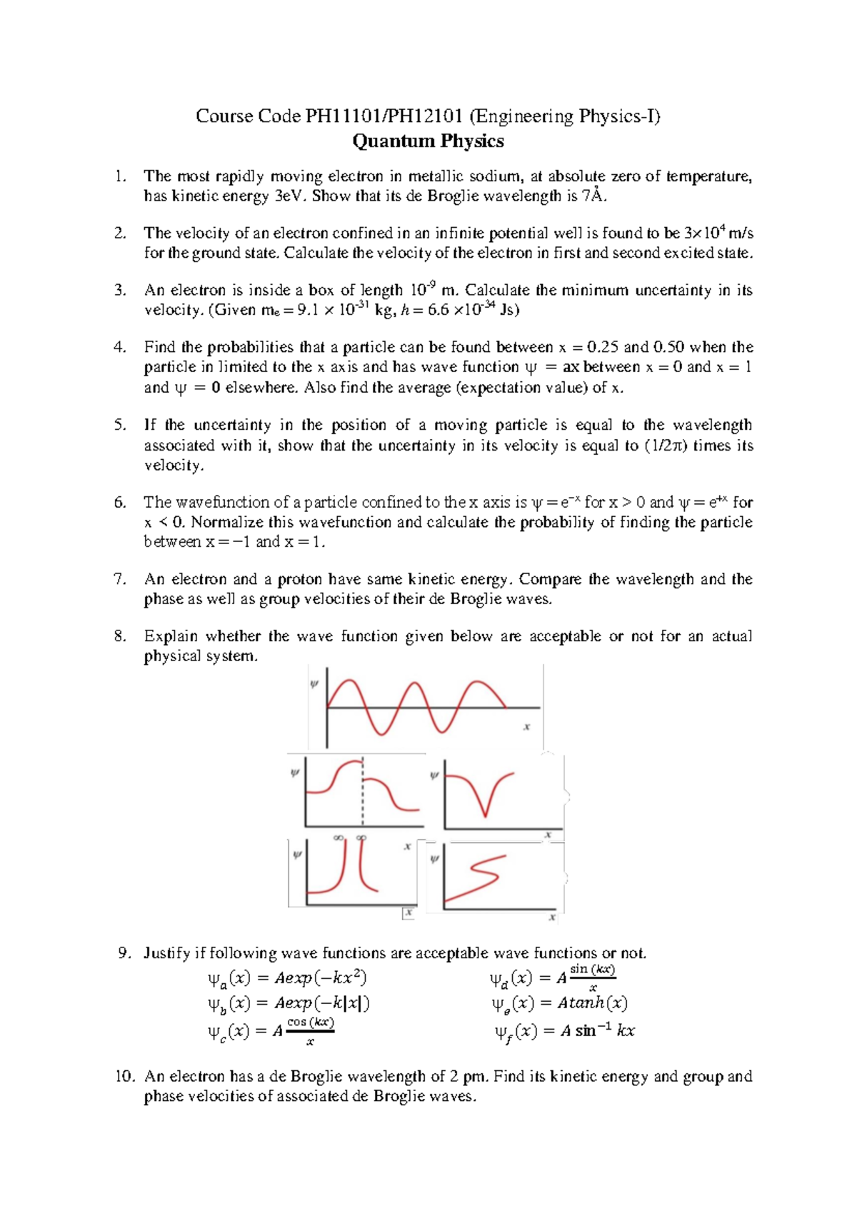 Tutorial Sheet-Quantum Physics SG - Course Code PH11101/PH12101 ...