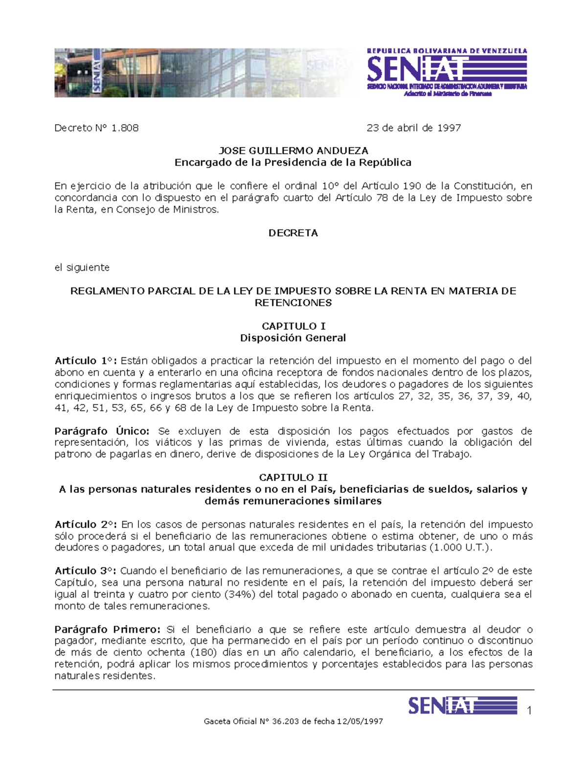 Decreto 1808 reglamento parcial de la ley de impuesto sobre la renta en materia de - 1 Decreto N ...