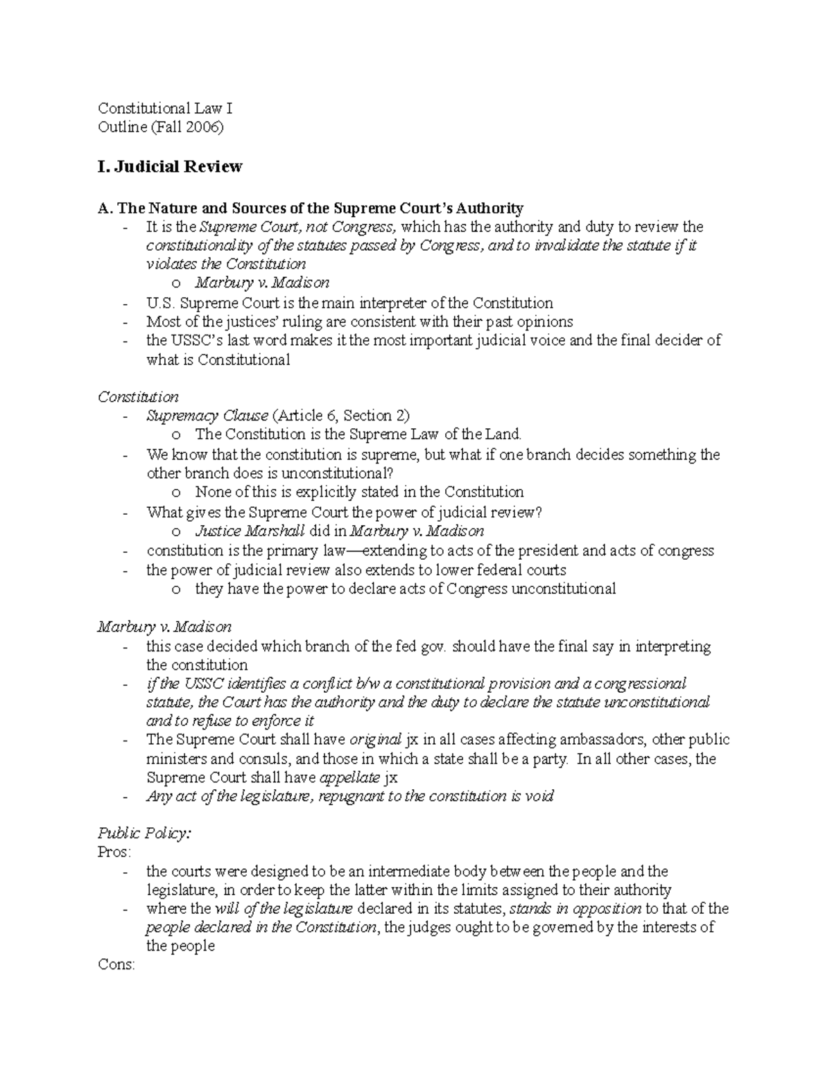 Con Law 1 Rooke Ley Lecture Notes 1 Constitutional Law I Outline
