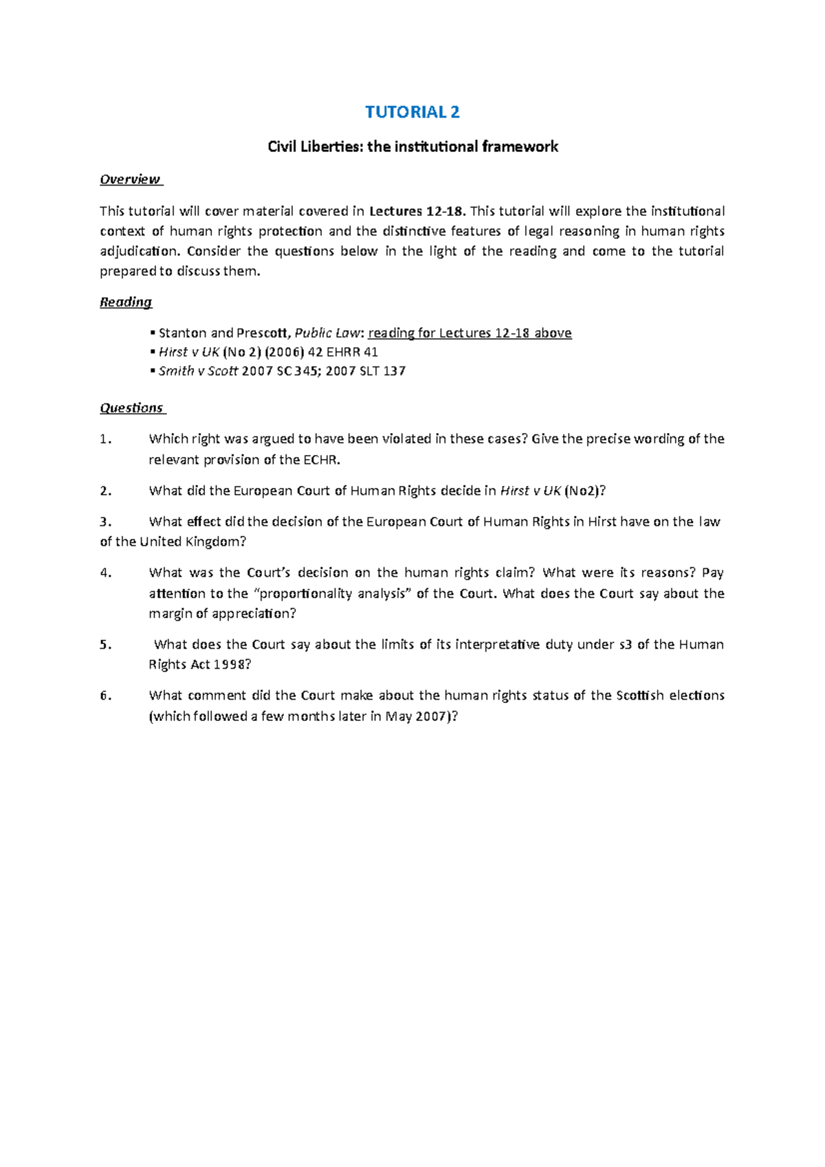 Tutorial 2 Questions - TUTORIAL 2 Civil Liberties: the institutional ...