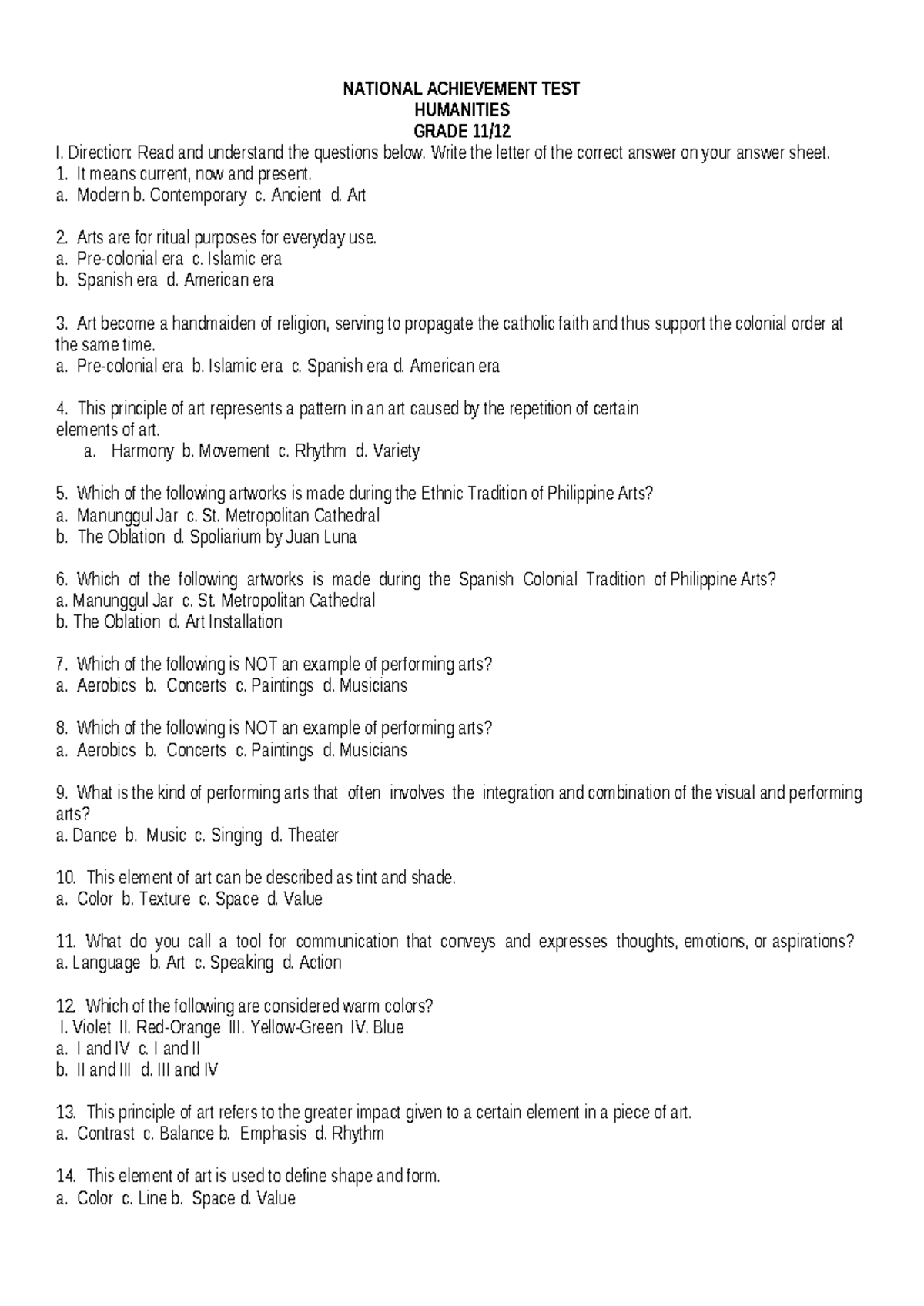 Humanities - NATIONAL ACHIEVEMENT TEST HUMANITIES GRADE 11/ I ...