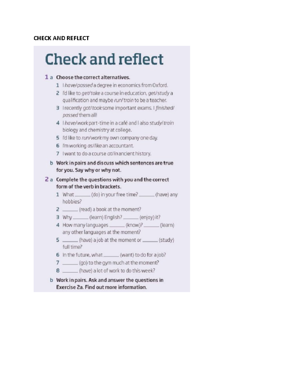 Check and reflect Answer - CHECK AND REFLECT Do you have a lot of work ...