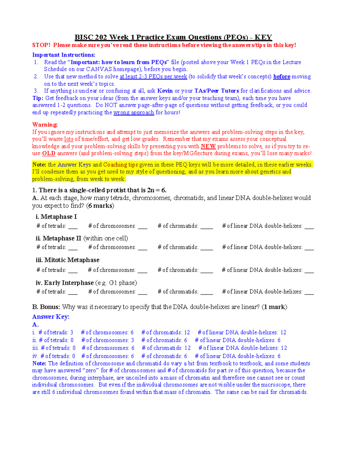 Week 1 PEQs - Key-2-1 - BISC 202 Week 1 Practice Exam Questions (PEQs ...