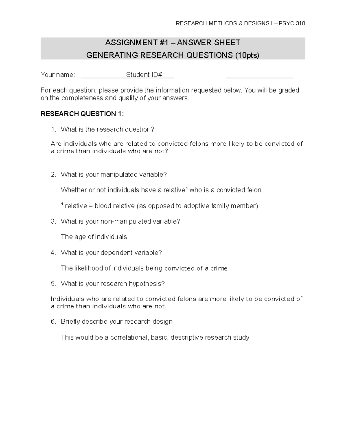 Assignment 1 - Answer sheet - RESEARCH METHODS & DESIGNS I – PSYC 310 ASSIGNMENT #1 – ANSWER ...