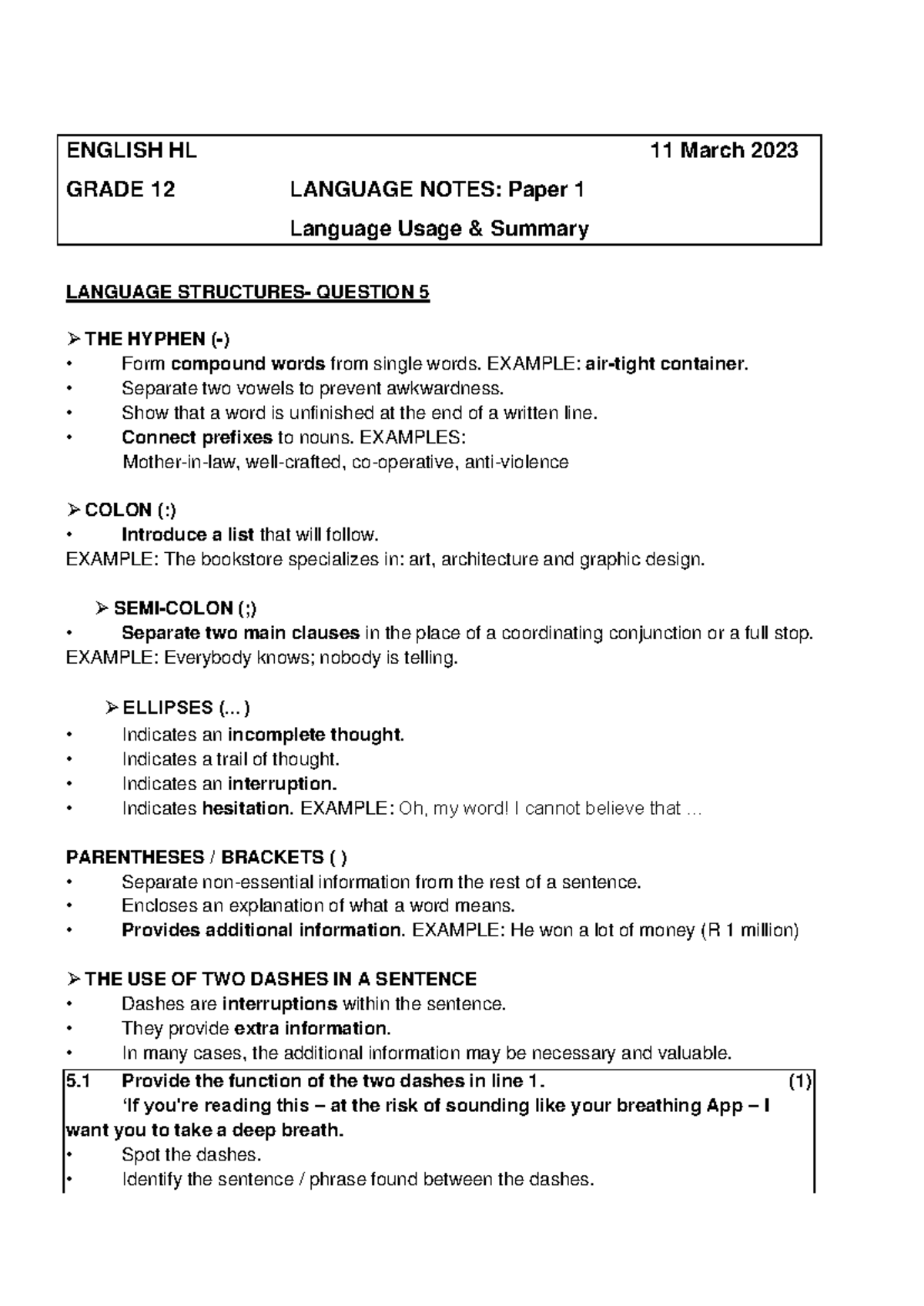 GR 12 Eng HL Paper 1 - Summary and Question 5 - Notes - ENGLISH HL 11 ...