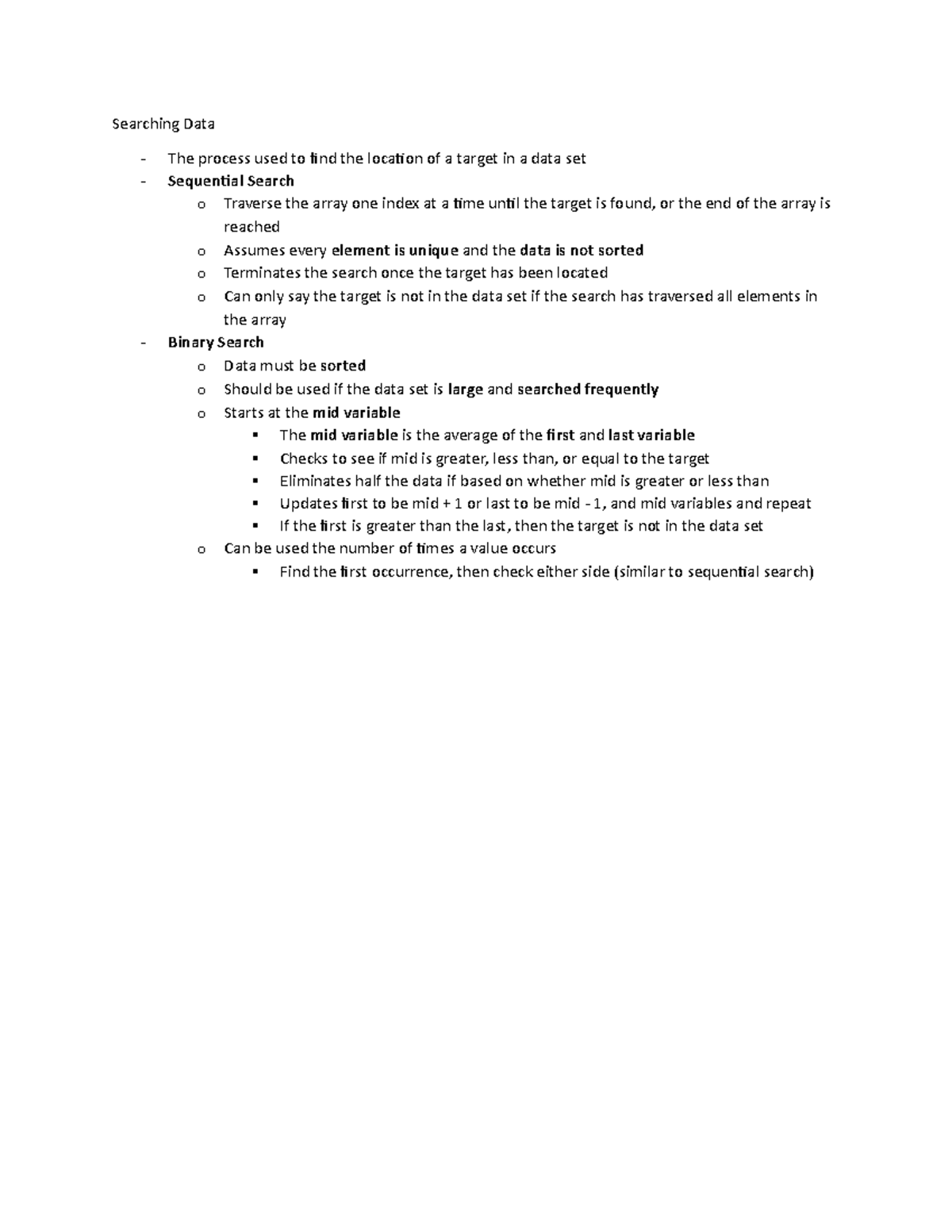CS159 Array Searching Notes - Searching Data The process used to find ...