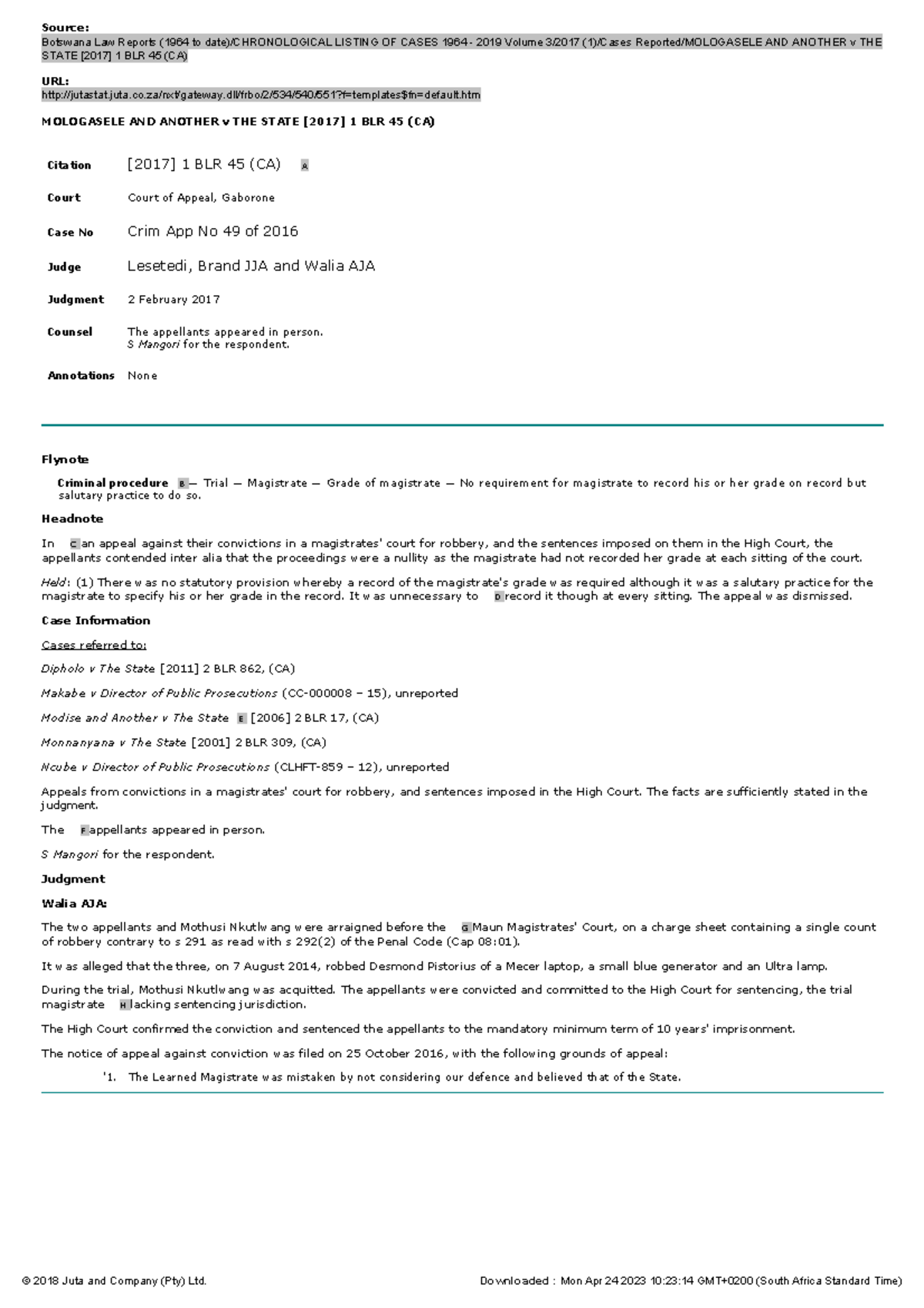 Mologasele AND Another v THE State [2017 ] 1 BLR 45 (CA) - Source ...