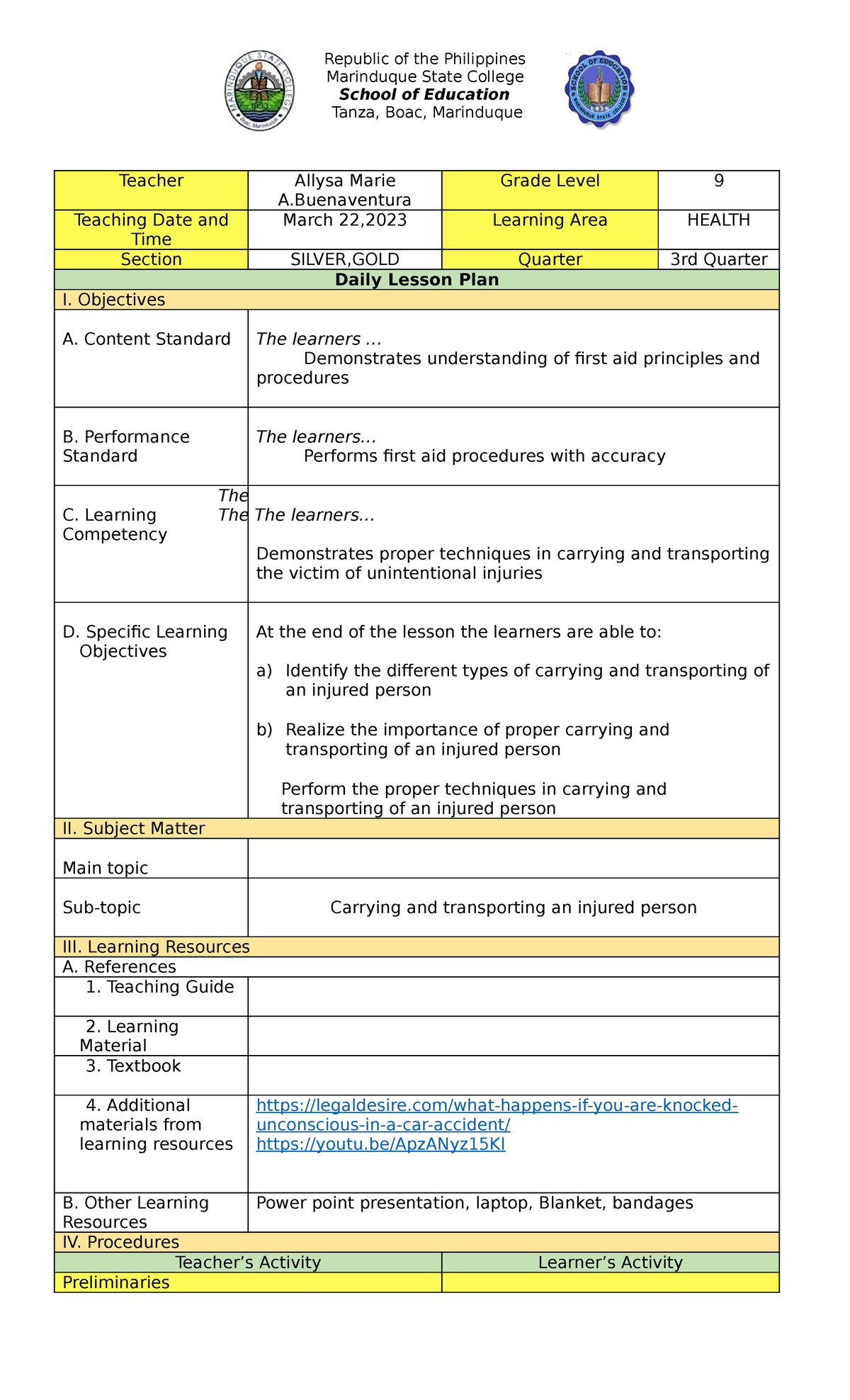 Lp-template - Lesson plan - Marinduque State College School of ...