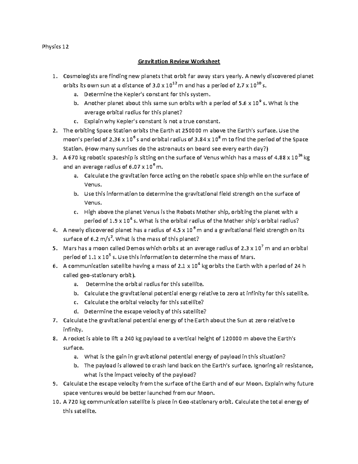 Gravitation review worksheet - 2014 - Physics 12 Gravitation Review ...