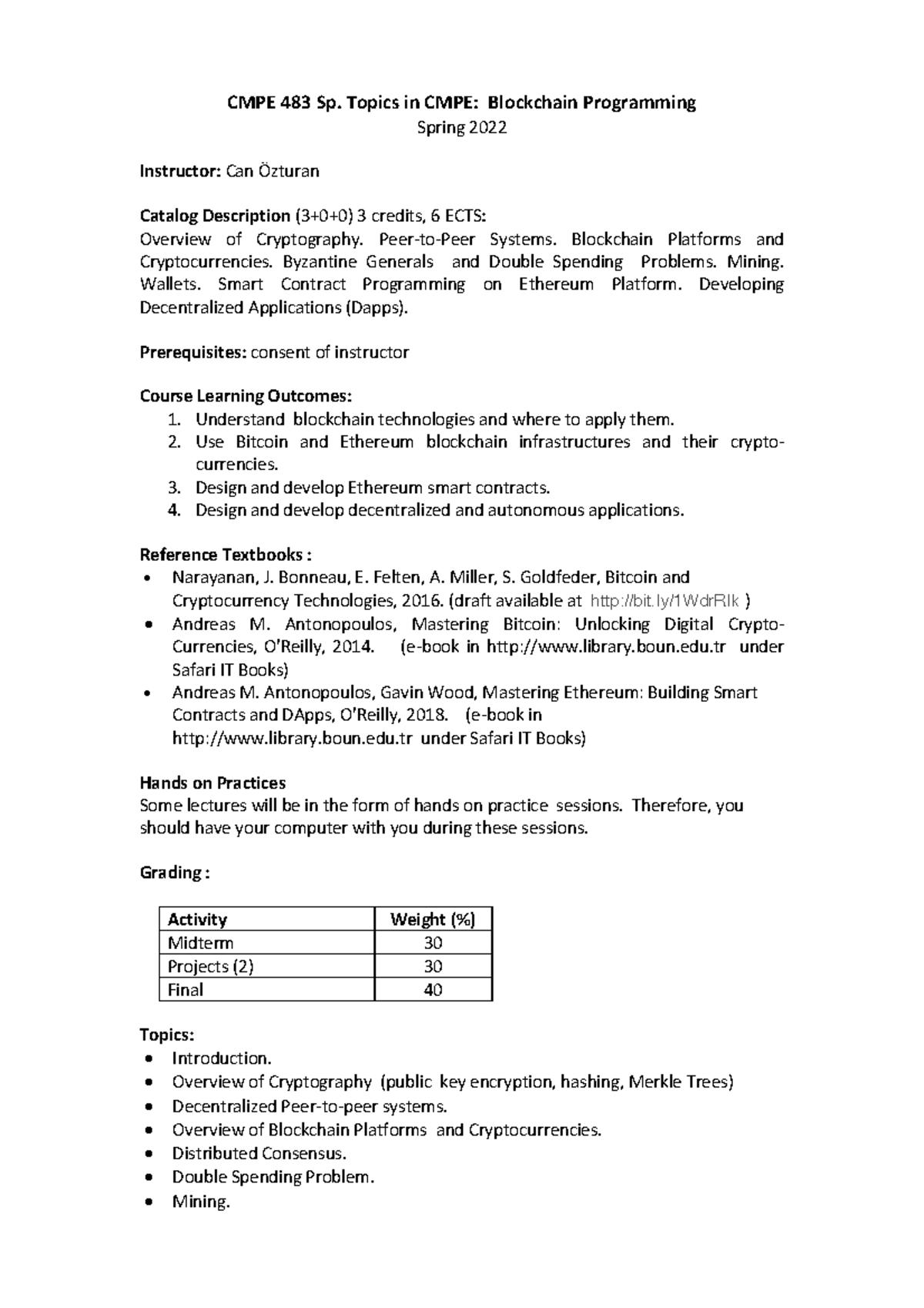 CMPE48301 - syllabus - CMPE 4 83 Sp. Topics in CMPE: Blockchain ...