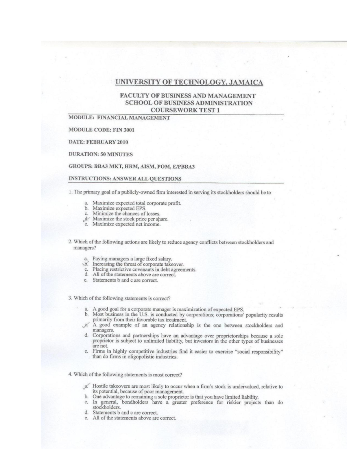 FIN MAN TEST 1 PAST Paper - Financial Management - Studocu