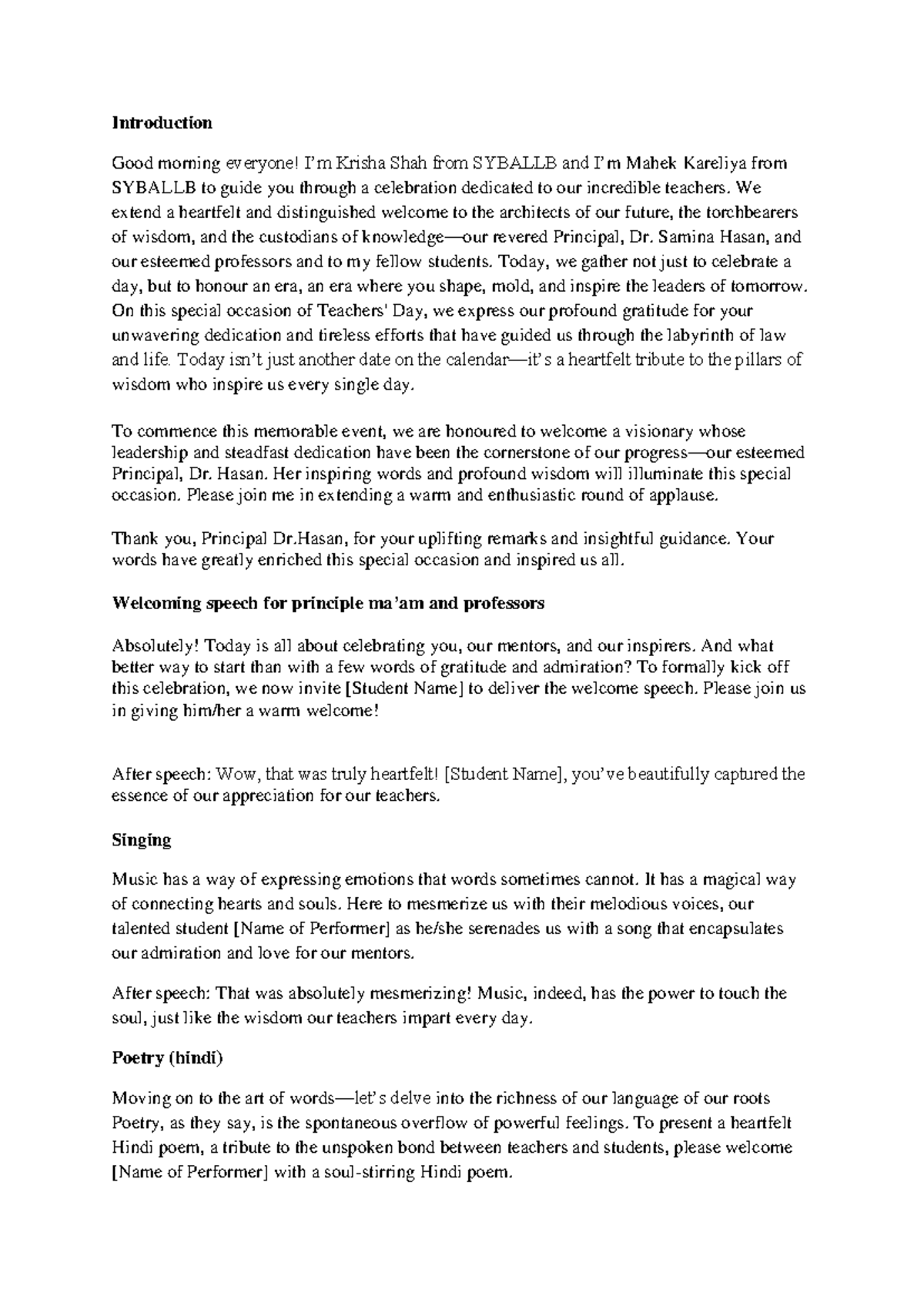 Teachers day script - Helpful notes - Introduction Good morning ...