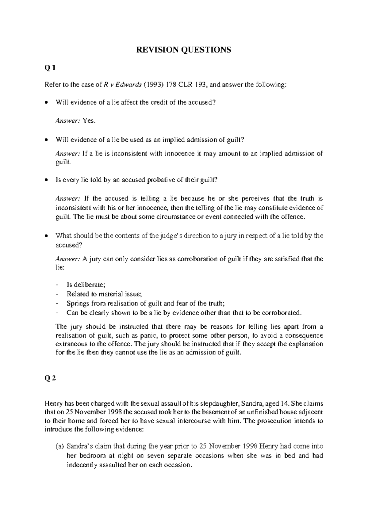 Tutorial Question 11 Notes - REVISION QUESTIONS Q 1 Refer to the case ...