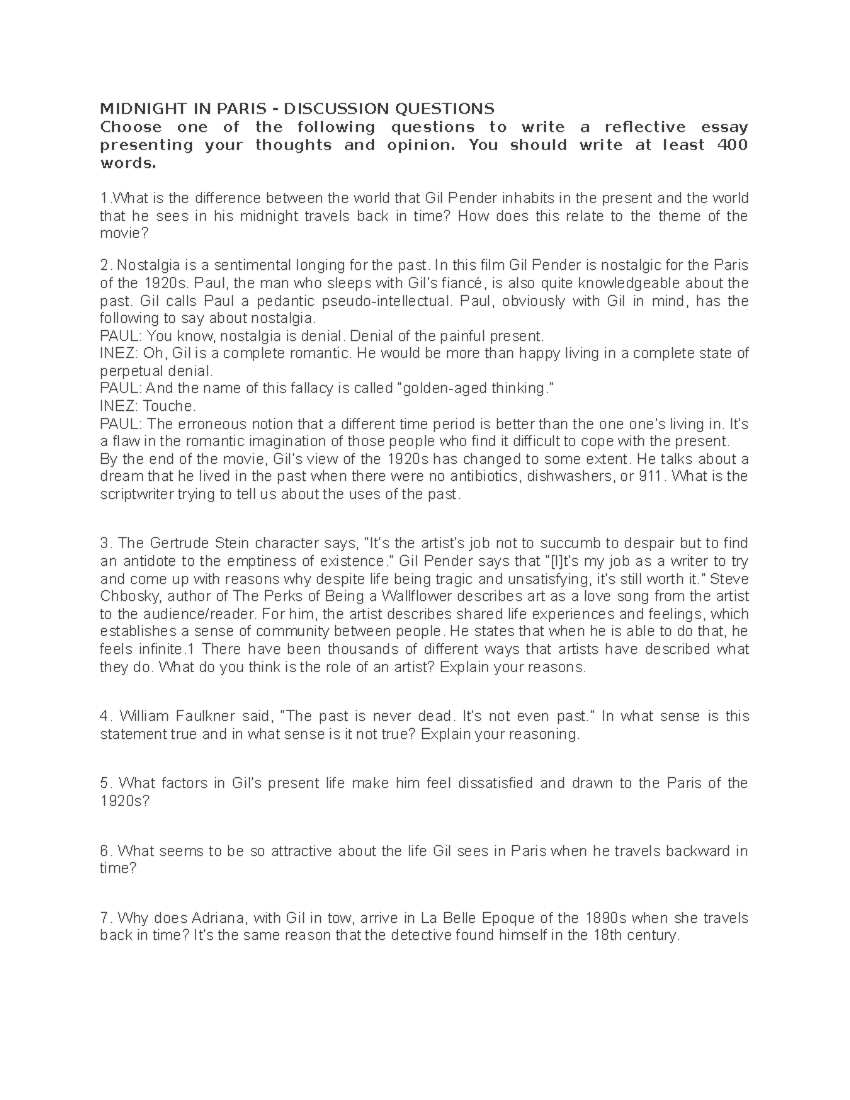 Midnight IN Paris - MIDNIGHT IN PARIS - DISCUSSION QUESTIONS Choose one ...