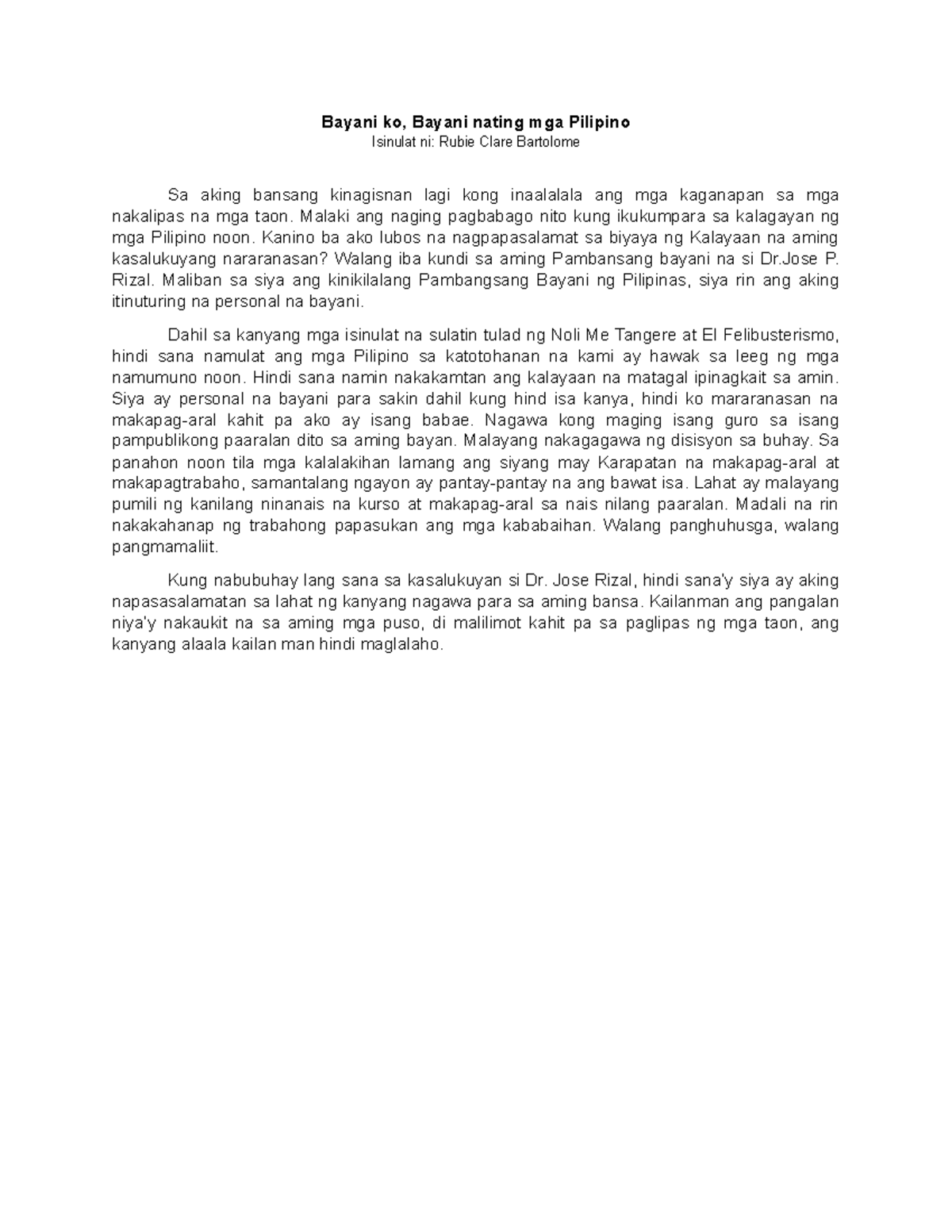 Rubie Clare-Essay - Tagalog Essay - Bayani ko, Bayani nating mga ...