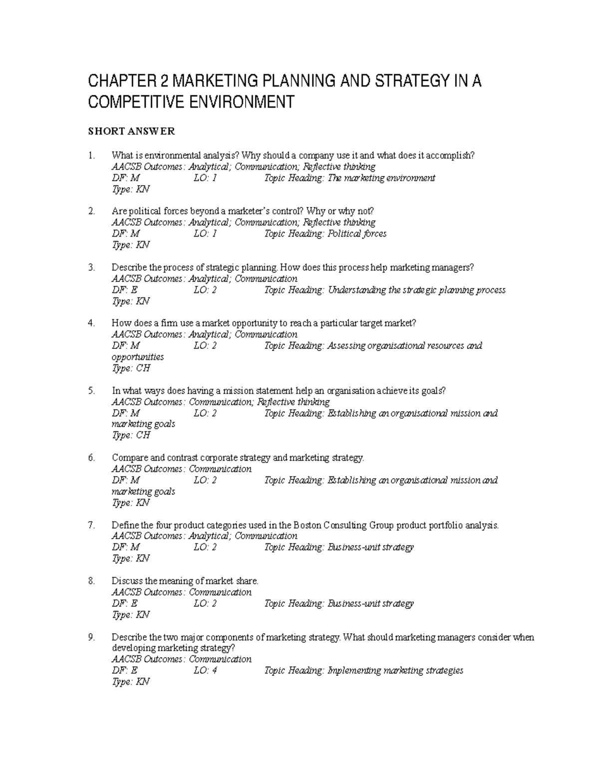 Test 5 2019, questions and answers - CHAPTER 2 MARKETING PLANNING AND ...