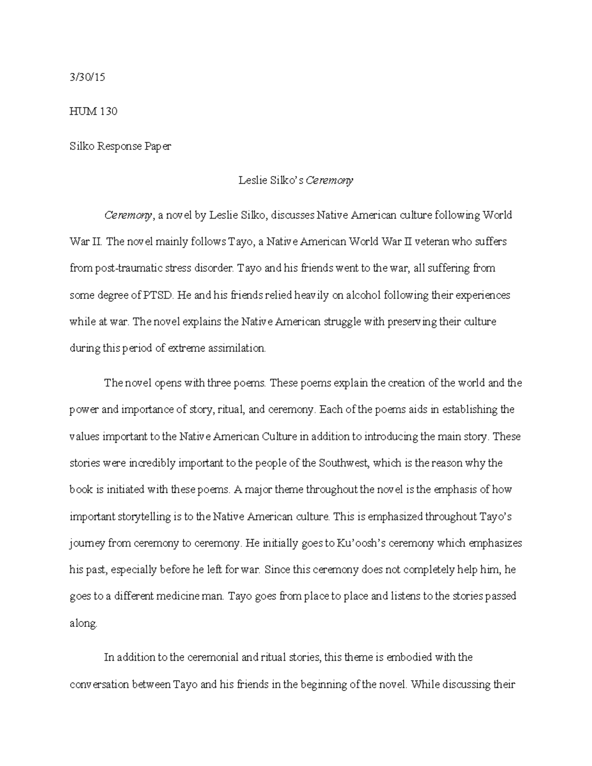 HUM Response Paper 1 - Grade: 100 - 3/30/ HUM 130 Silko Response Paper ...