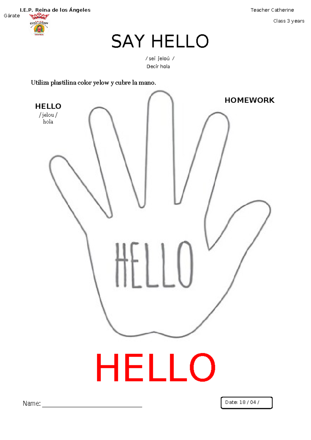 3 Years Ficha N°2 Hello Homework - ingles, tarea - ####### I.E. Reina ...
