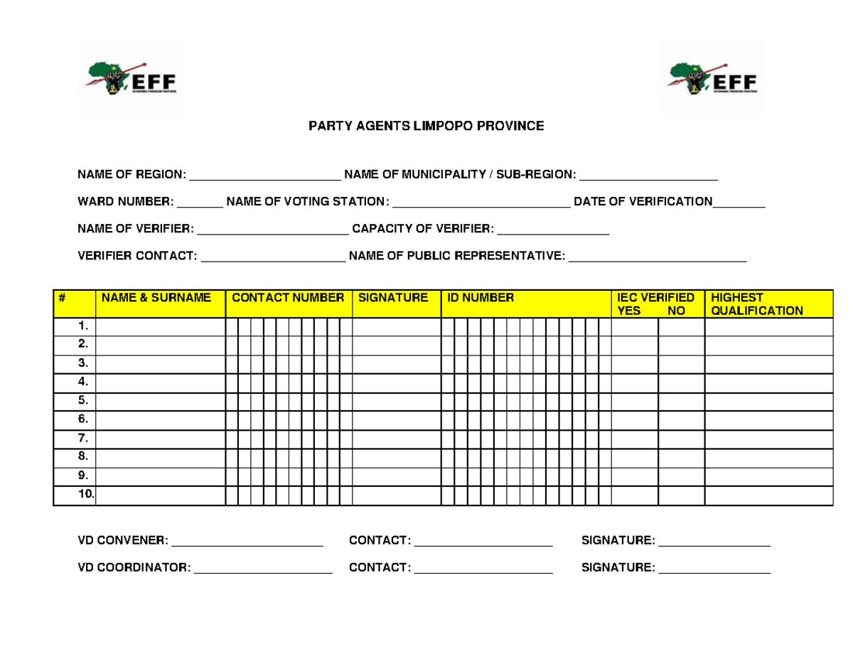 Party Agents FORM - Summary English - PARTY AGENTS LIMPOPO PROVINCE ...