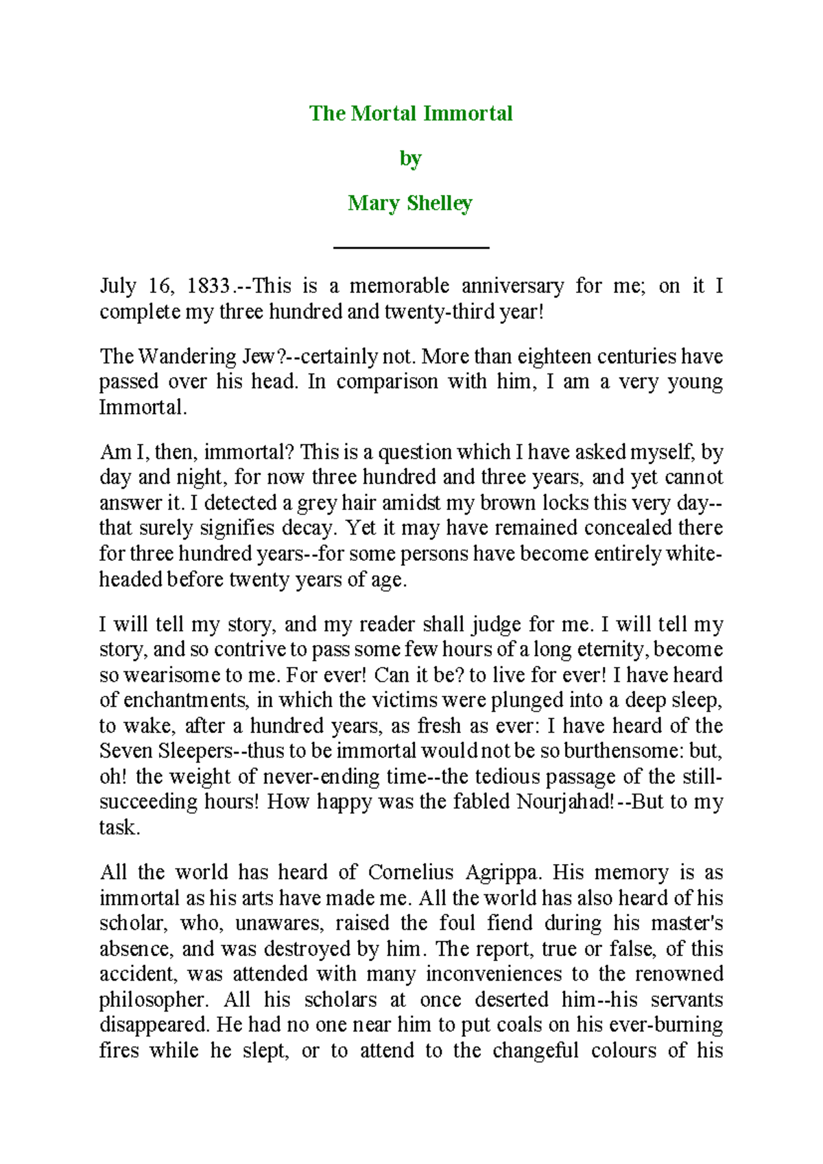 The Mortal Immortal by Marry Shelley - The Mortal Immortal by Mary ...