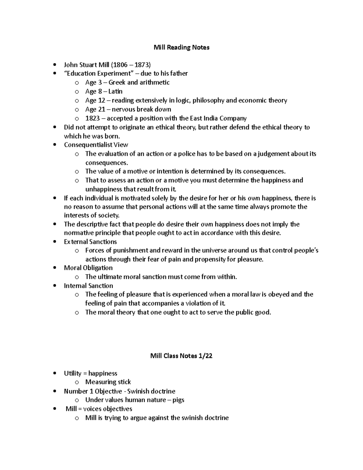Notes Mill - Hicks and Leuck - Mill Reading Notes John Stuart Mill ...