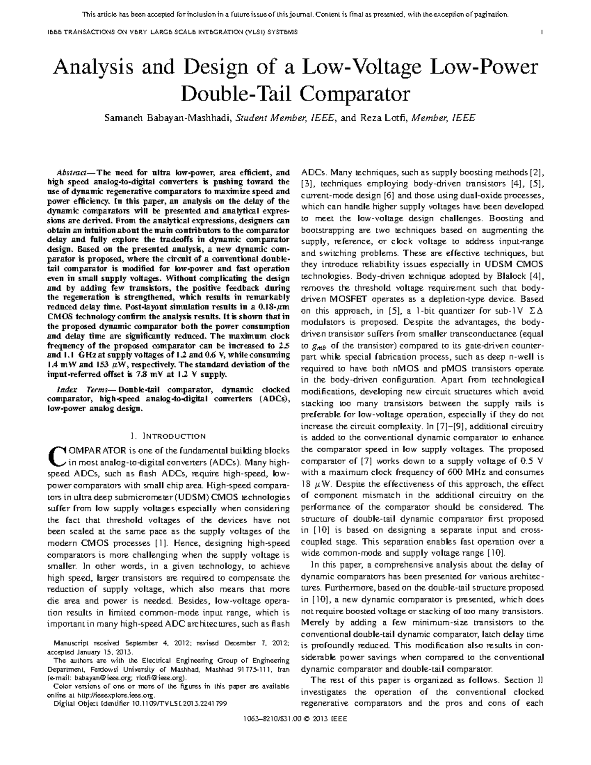 Analysis and Design of a Low-Voltage Low-Power Double-Tail Comparator - IEEE TRANSACTIONS ON ...