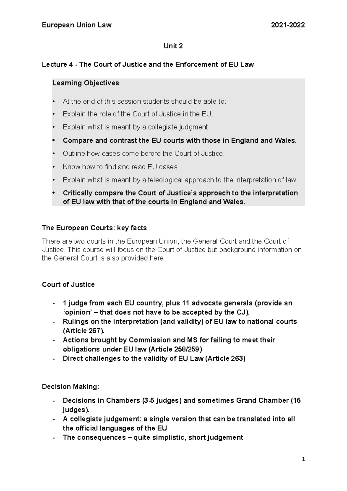 4 Court of Justice and the Enforcement of EU Law - Lecture Handout - Unit 2 Lecture 4 - The ...