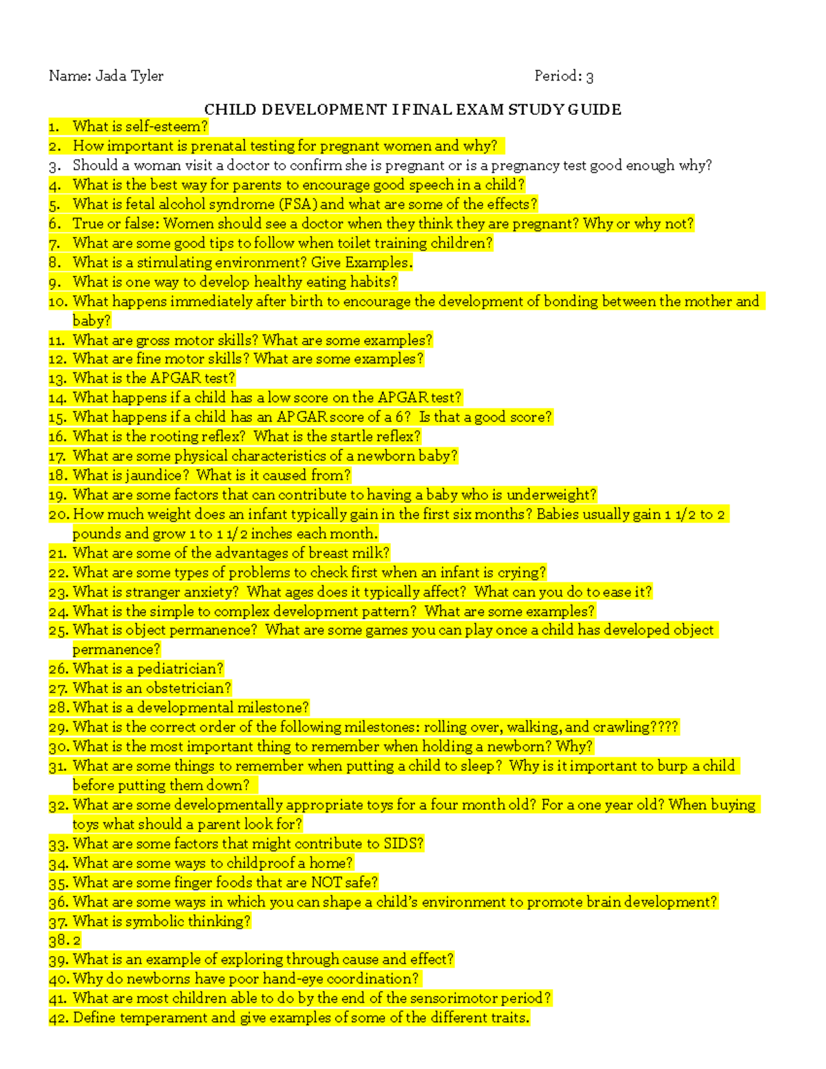 Study guide for CD1 Final - Name: Jada Tyler Period: 3 CHILD ...