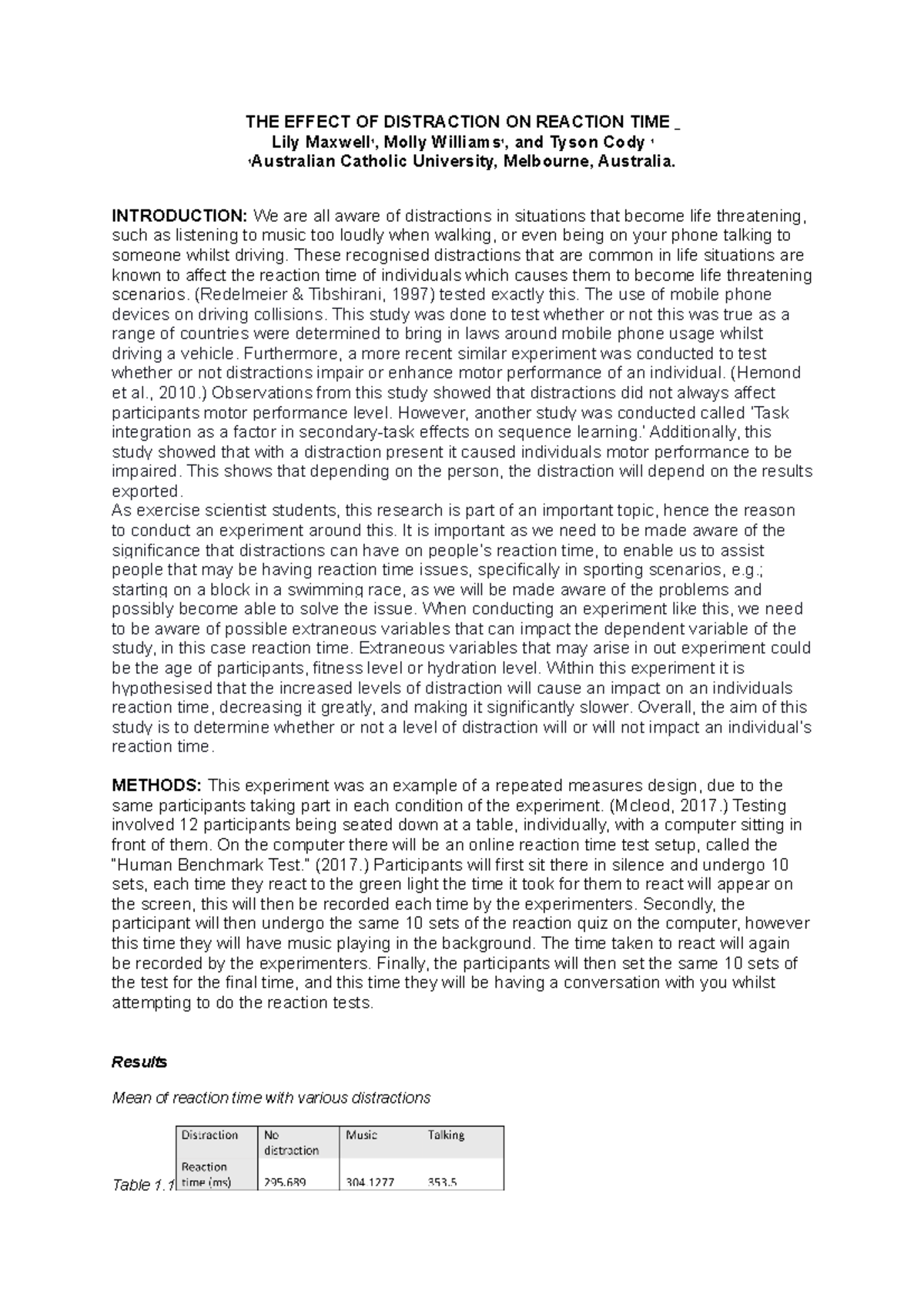 Distraction - law - THE EFFECT OF DISTRACTION ON REACTION TIME Lily ...