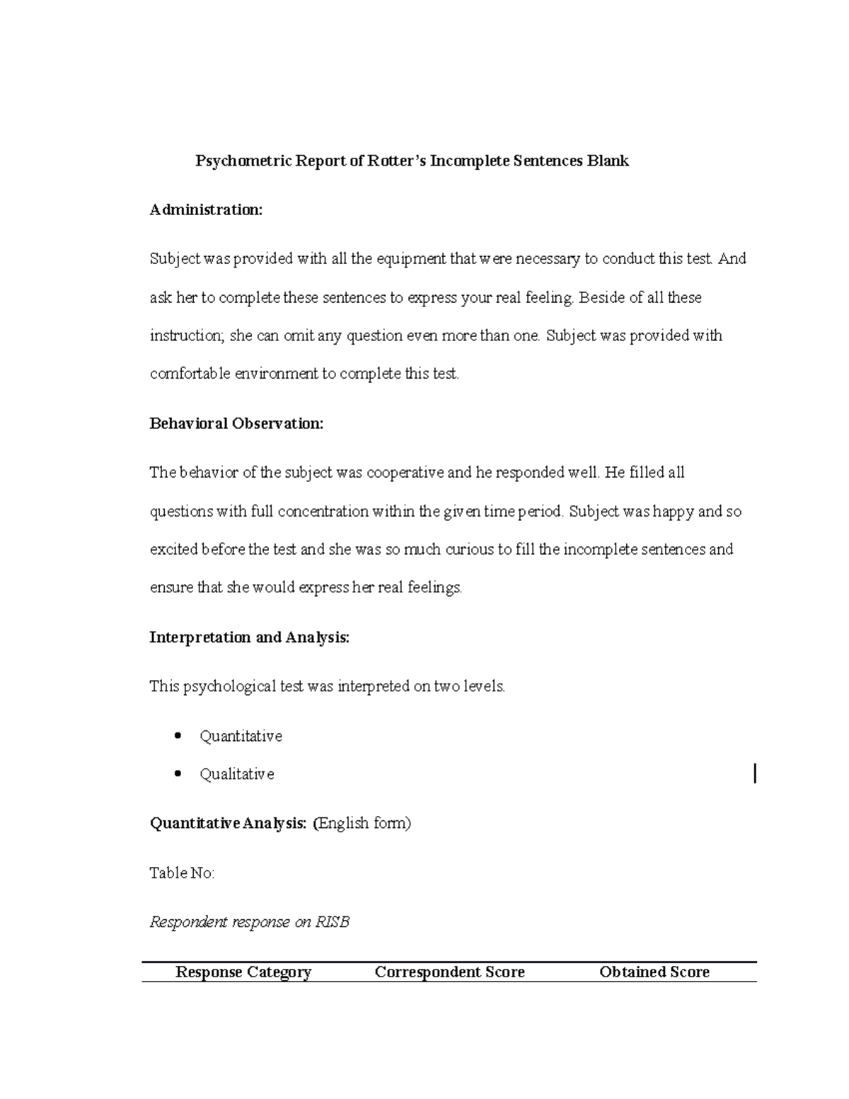 psychometric report of risb - Psychometric Report of Rotter’s ...
